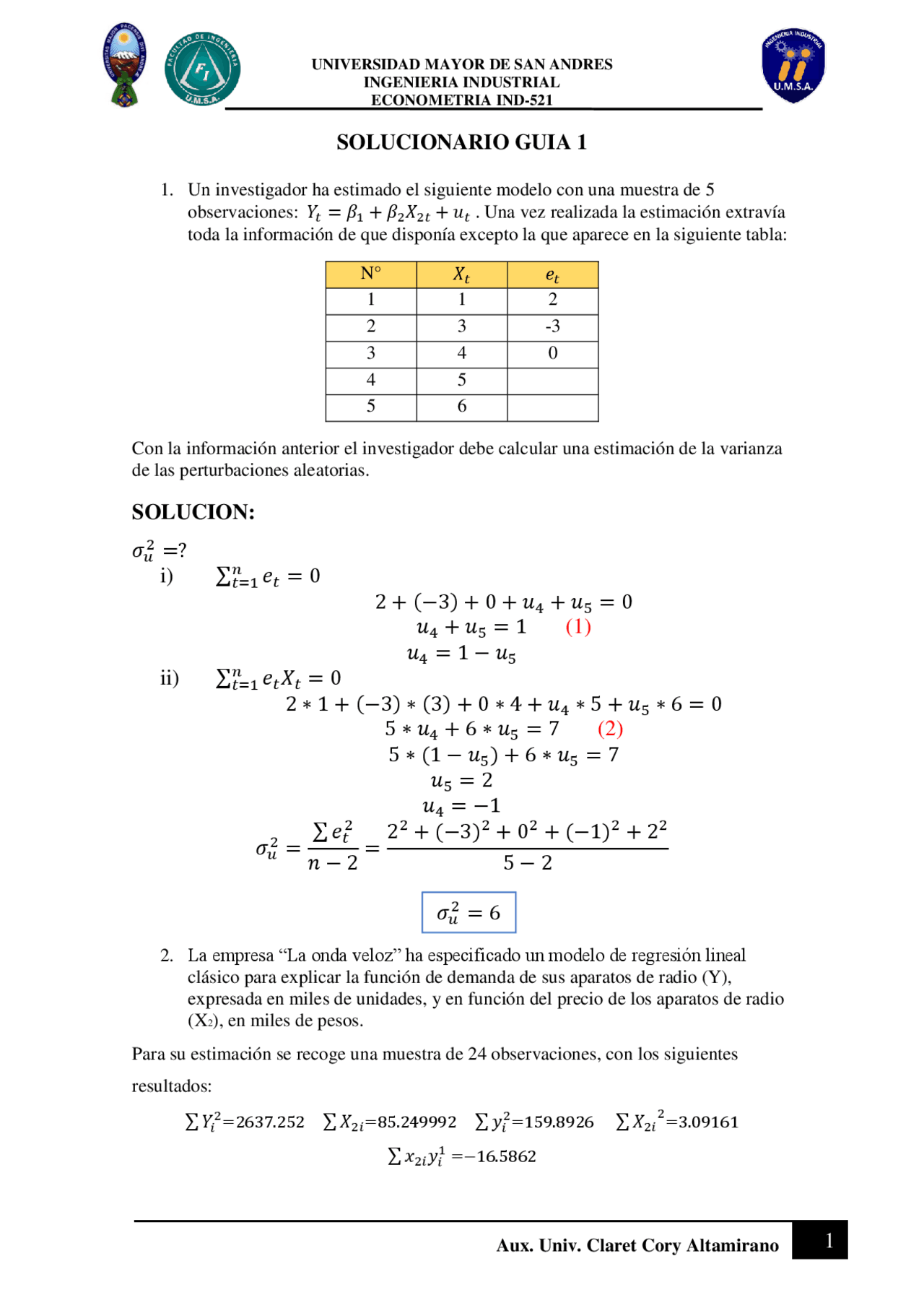 Soluciónario de guía de Econometría IND-521 de la Universidad Mayor de San Andrés | Exámenes de ...