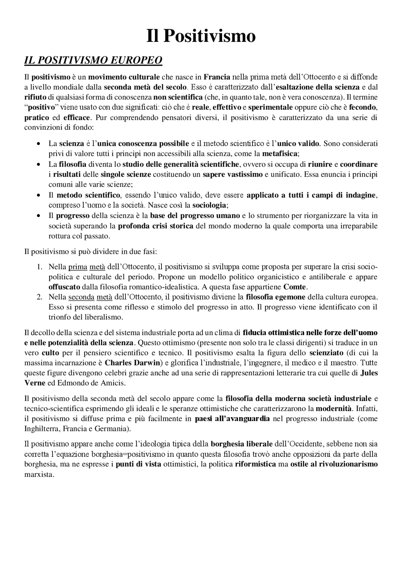 Riassunto Di Filosofia Sul Positivismo Docsity