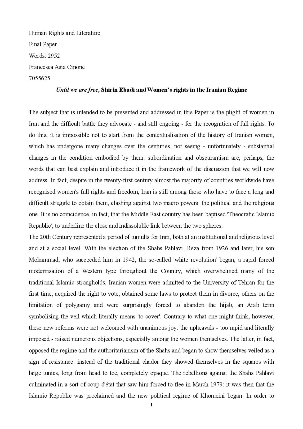 Until we are free, Shirin Ebadi - Paper on Human Rights in Iran - Docsity