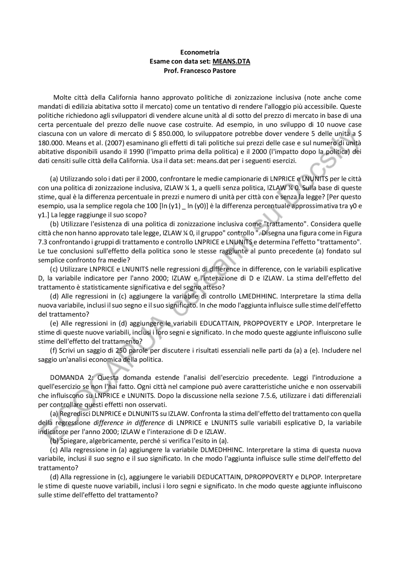 Tracce Desame Econometria Prof Pastore Esercizi Di Econometria