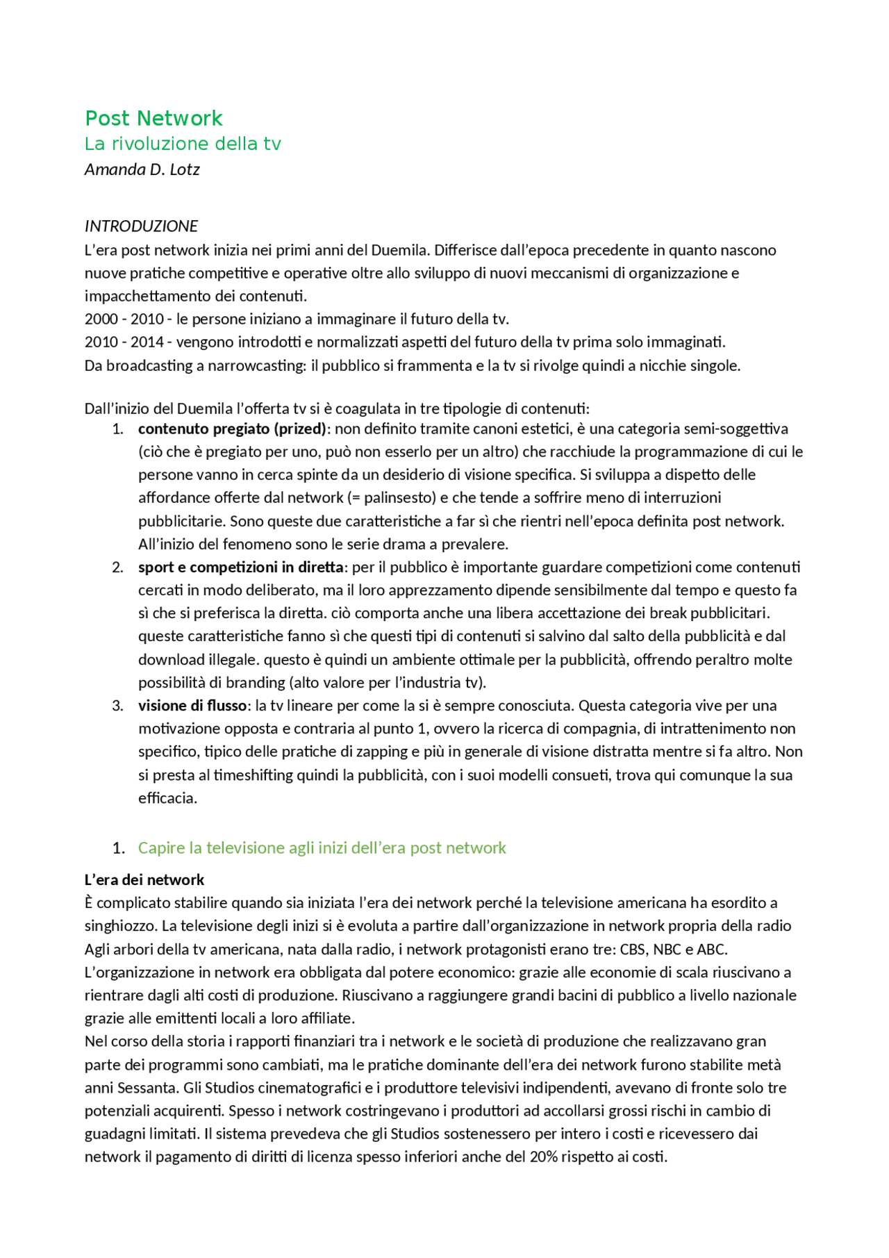 Post Network La rivoluzione della tv - Amanda Lotz - Docsity