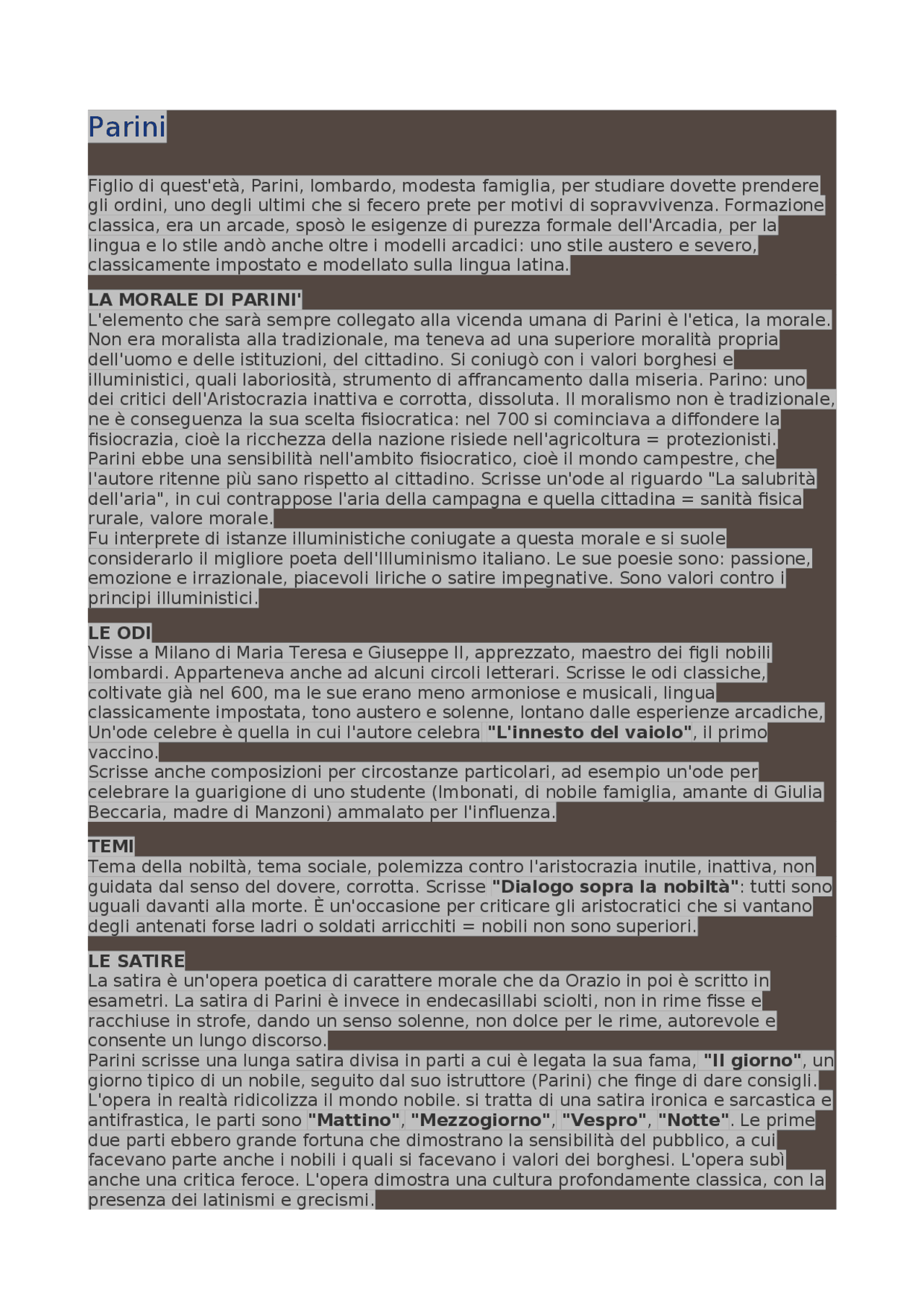 Riassunto Completo Su Parini Docsity