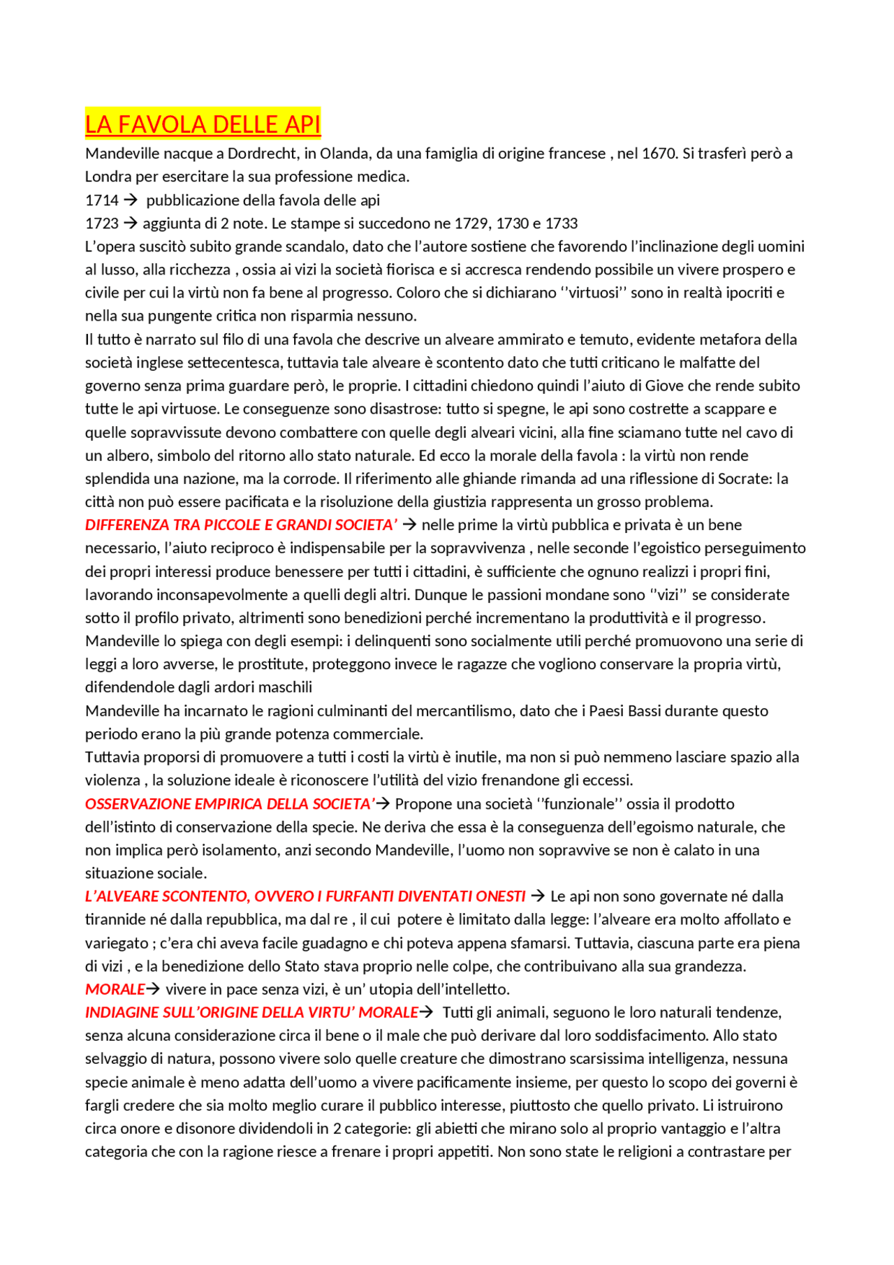 La Favola Delle Api B De Mandeville Docsity