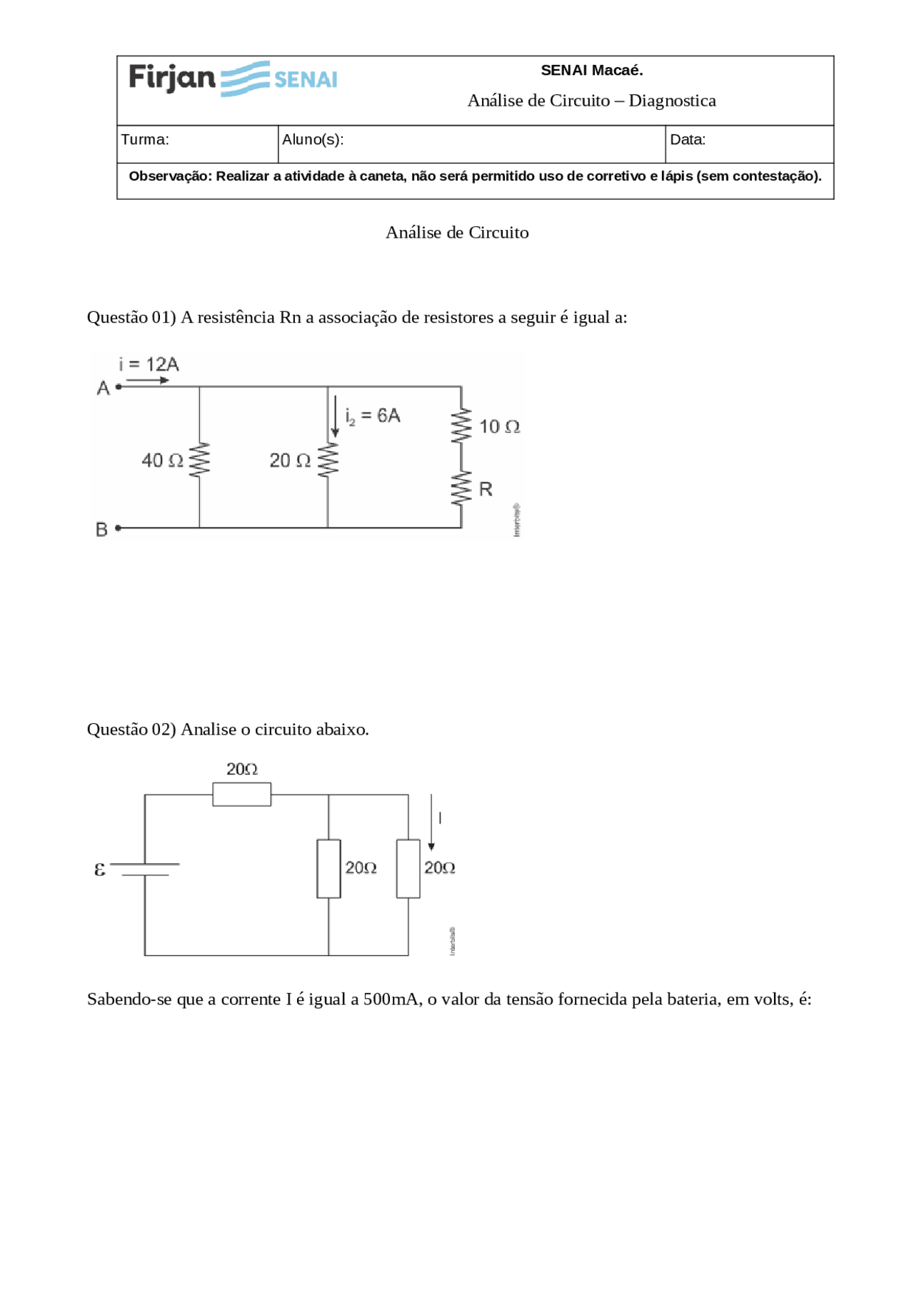 E Lista De Exercícios 01 Analise De Circuito Docsity