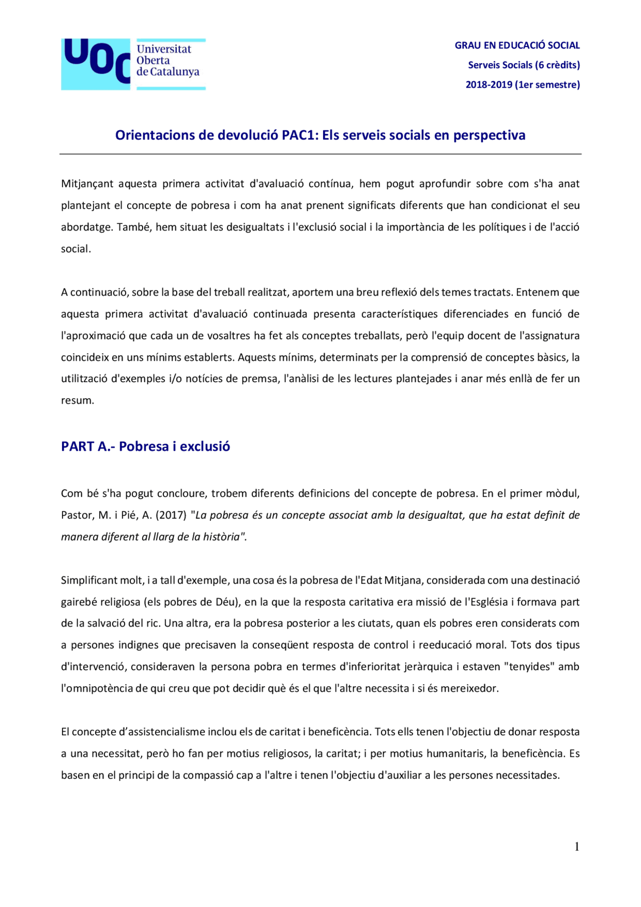 Serveis Socials PAC1 Orientacions de devolució - Docsity