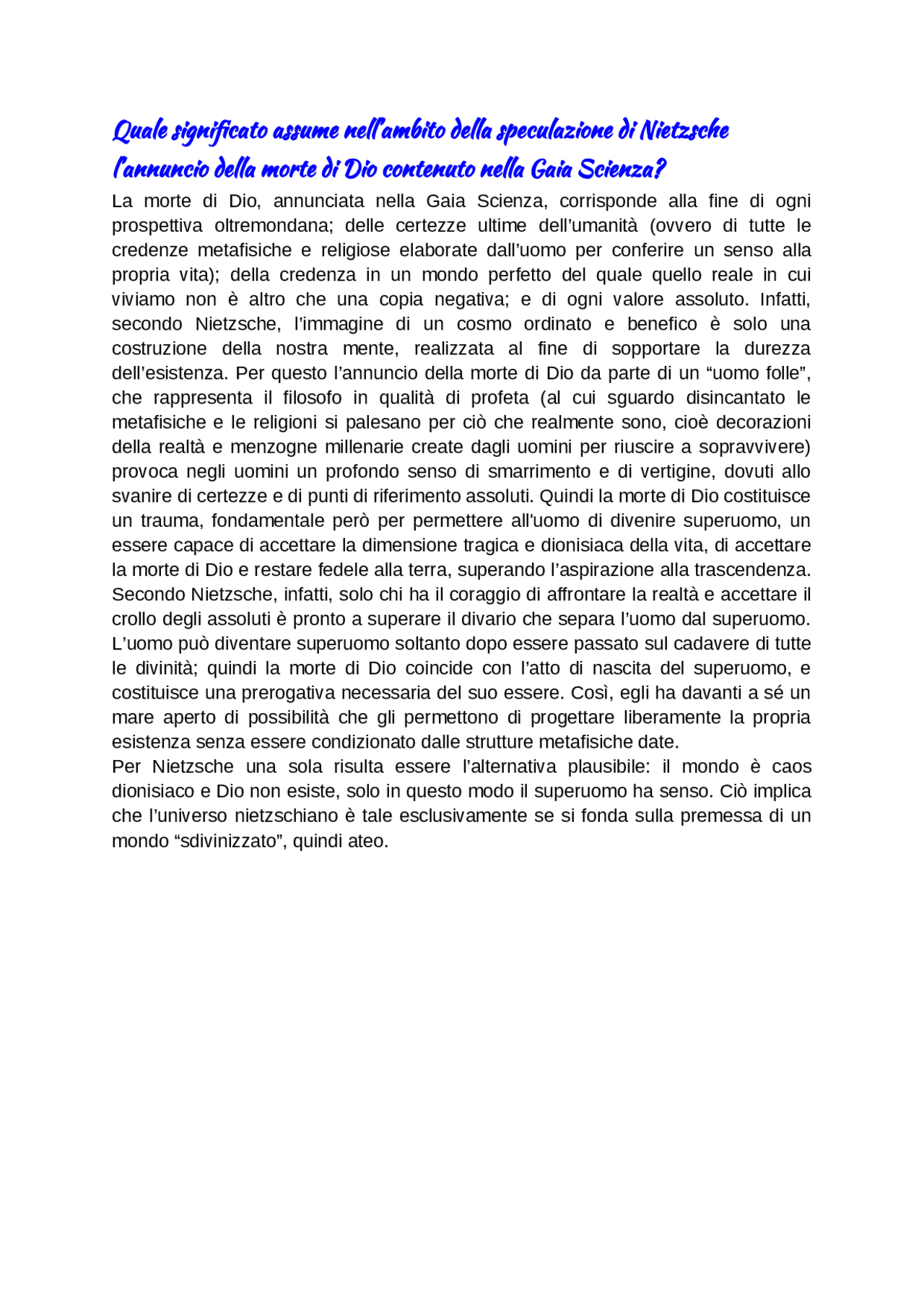 Nietzsche La Morte Di Dio Docsity