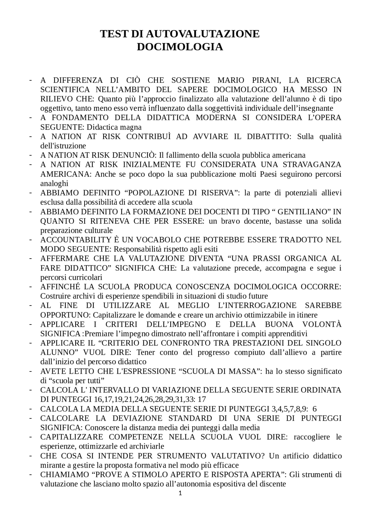 Test Autovalutazione Docimologia Docsity