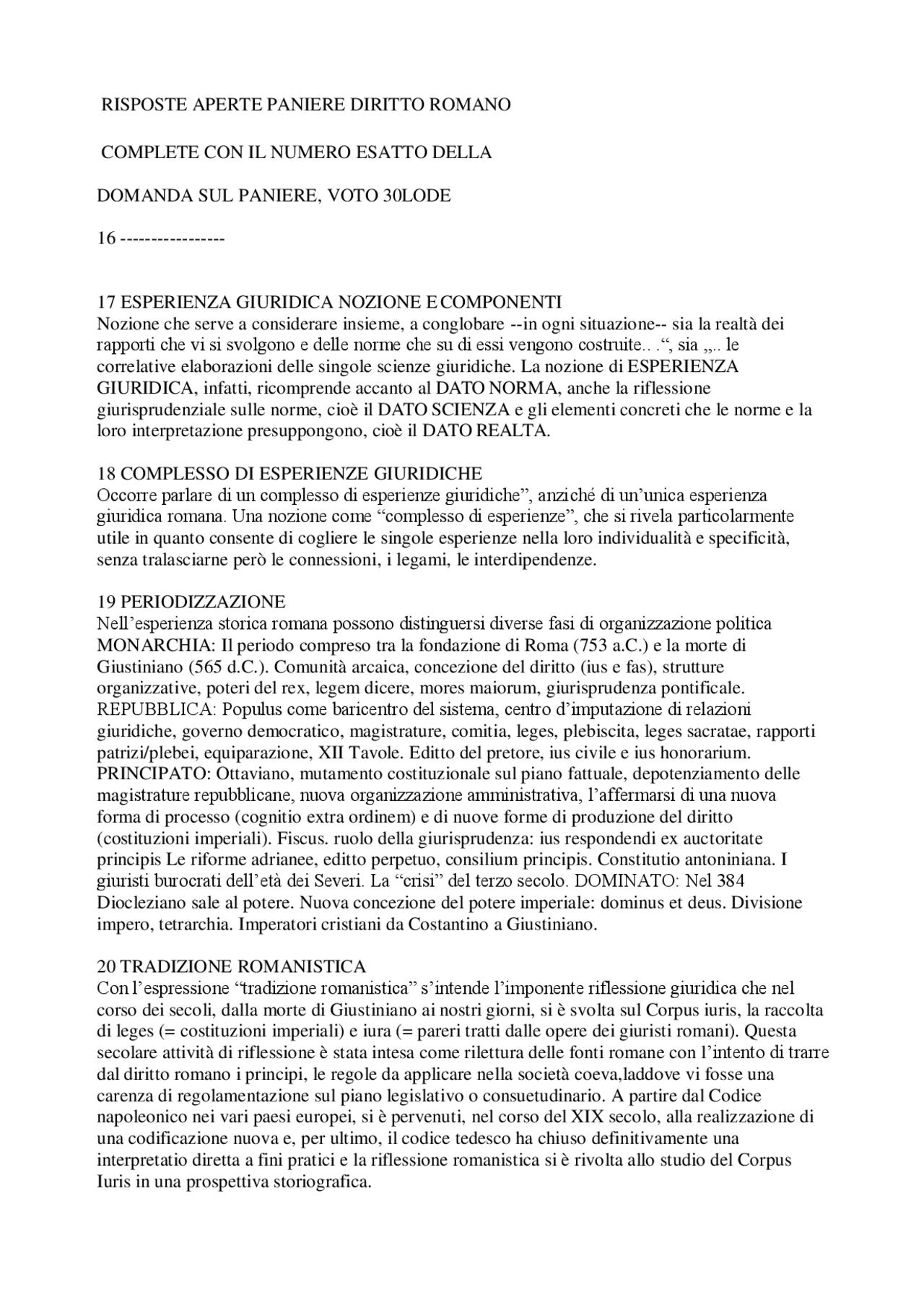 Diritto Romano Docente Di Mauro Antonietta Risposte Aperte Docsity