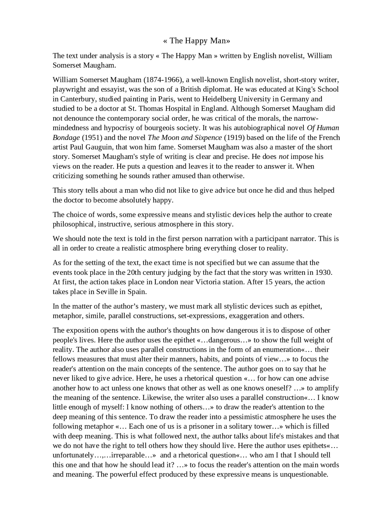 The analysis of the extract from the novel the Happy Man - Docsity