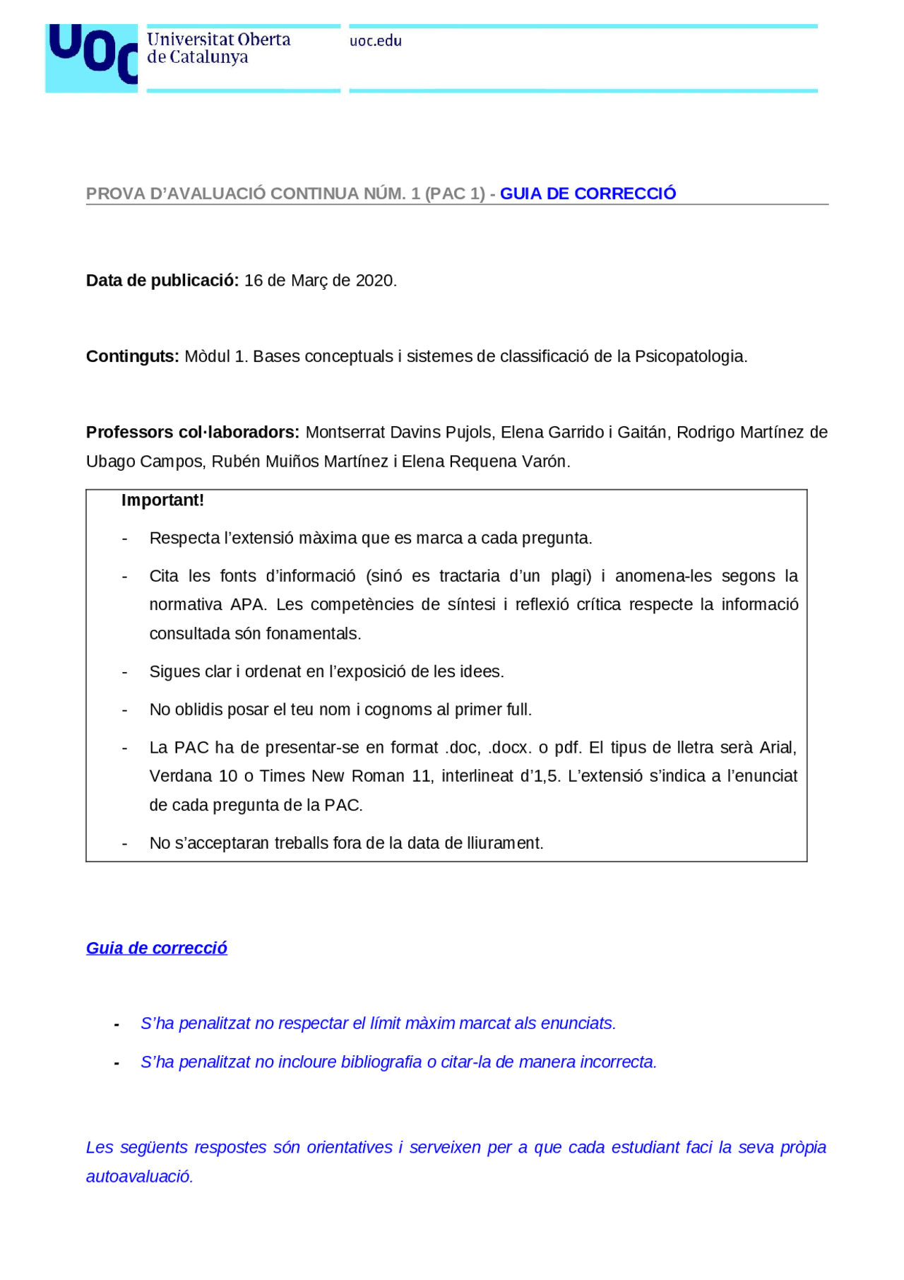 Correcció PAC1 Psicopatologia adults - Docsity