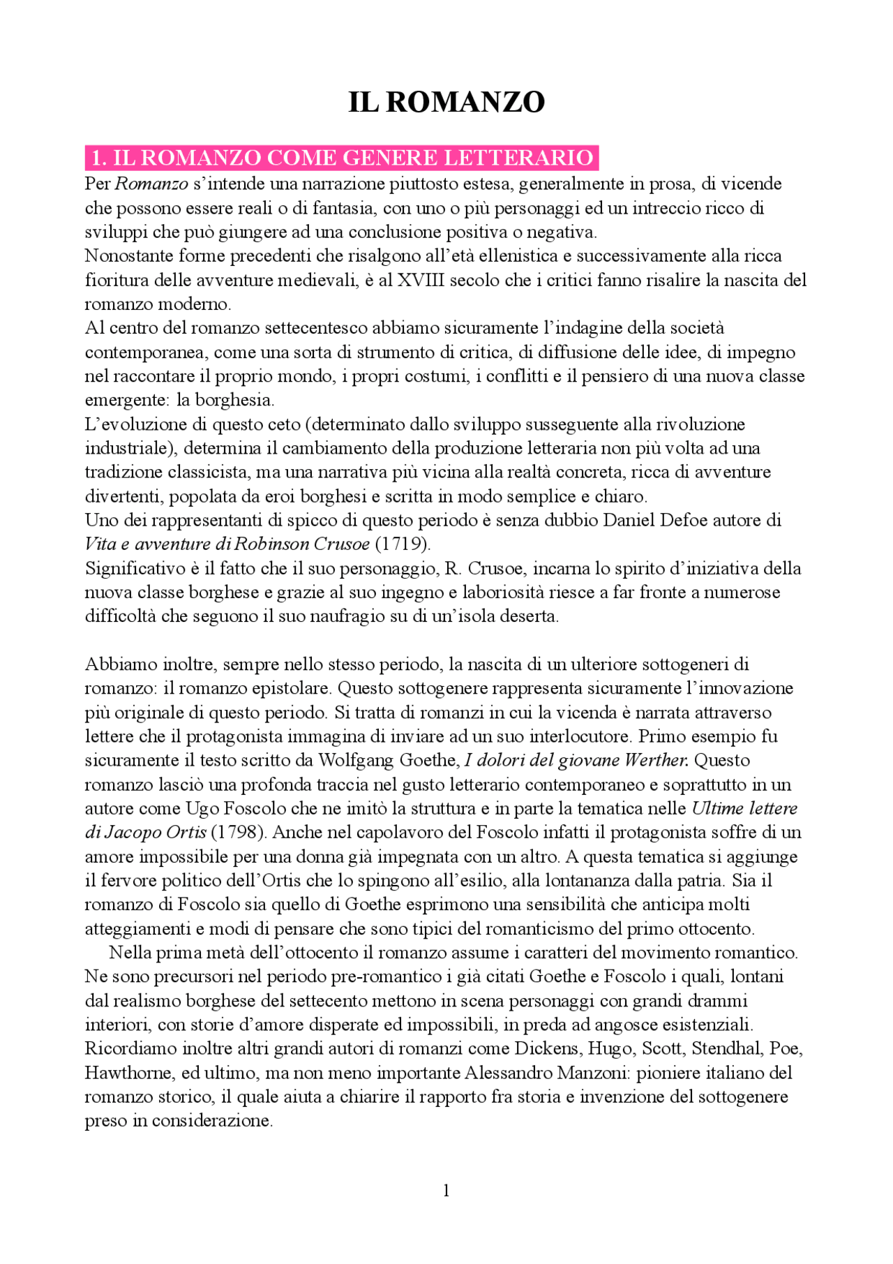 La nascita del romanzo e il suo sviluppo - Docsity