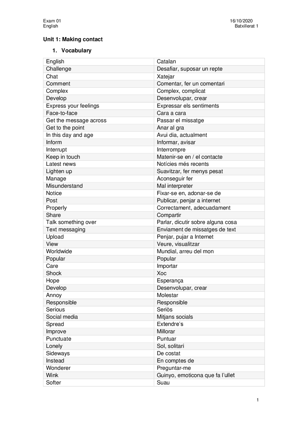 English Unit One Advantage 1r Batxillerat Català Docsity