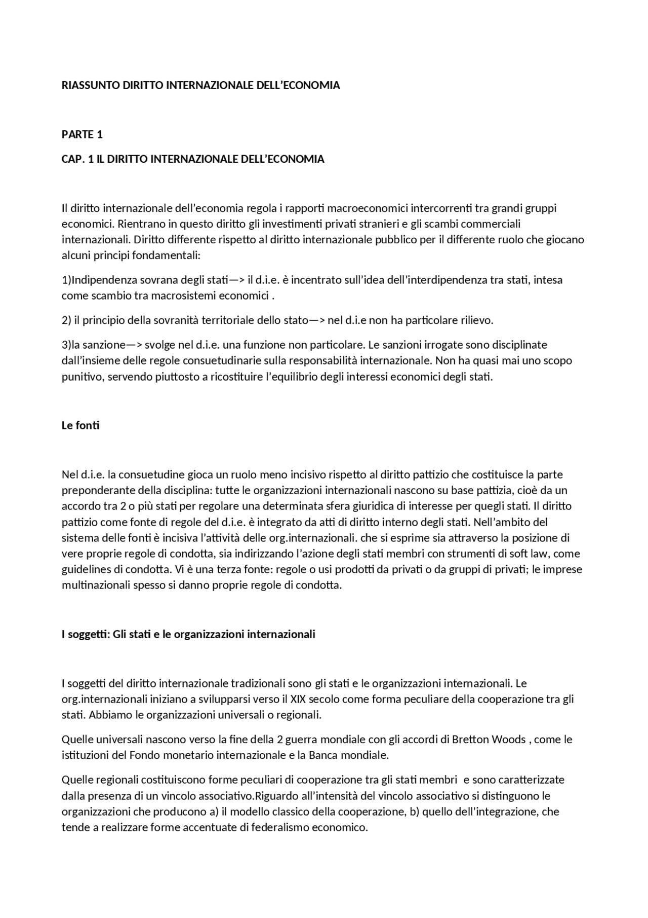 Riassunto Diritto Internazionale Delleconomia Docsity