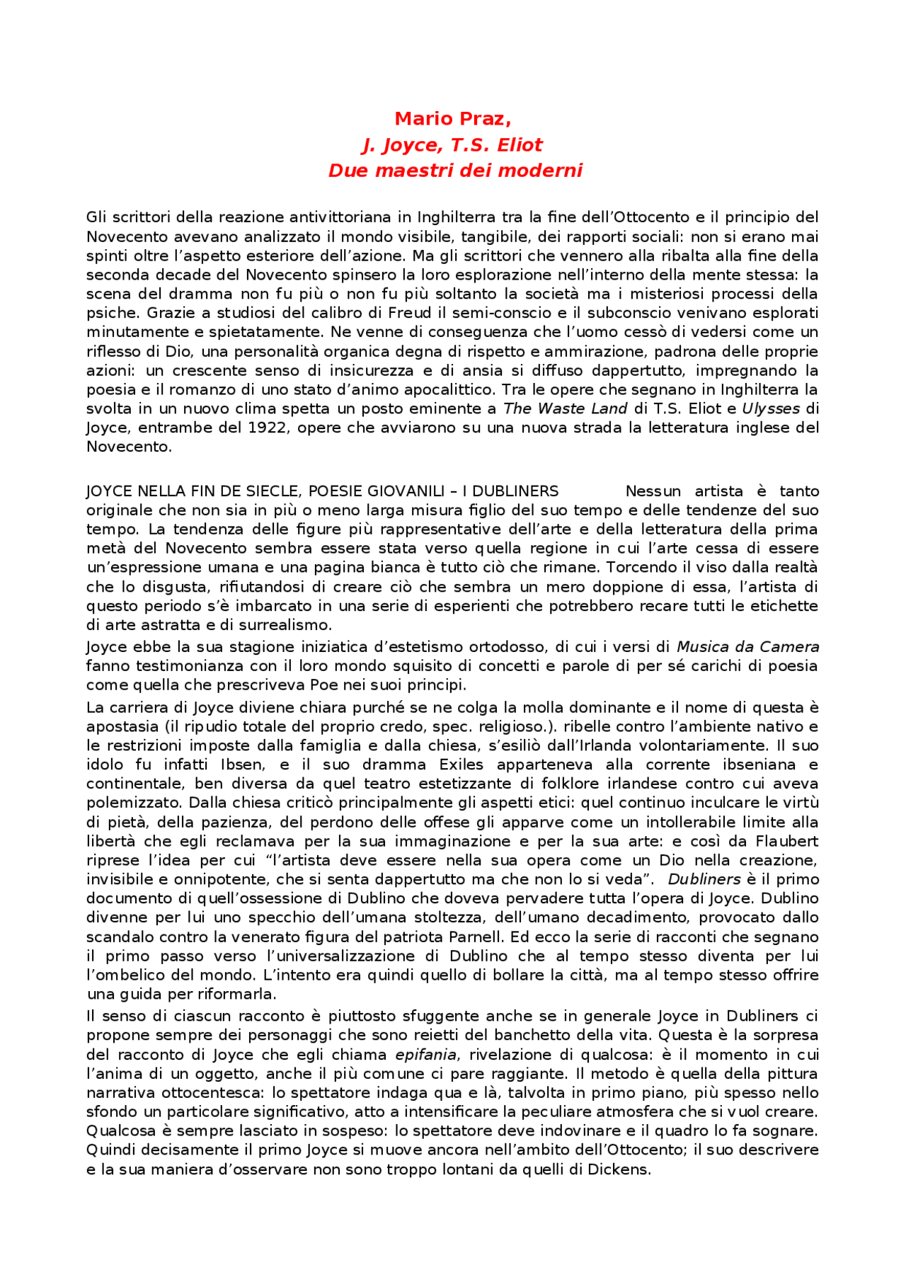 Riassunto J Joyce Ts Eliot Due Maestri Dei Moderni Docsity