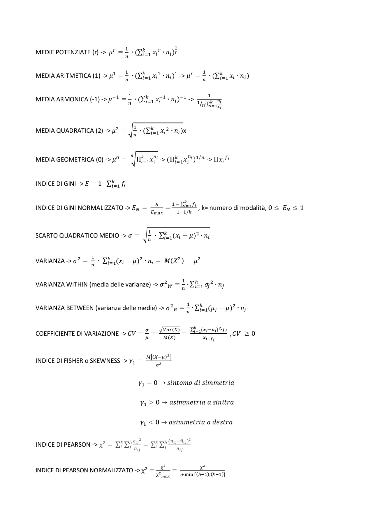 Formule Di Statistica Prima Parte Docsity