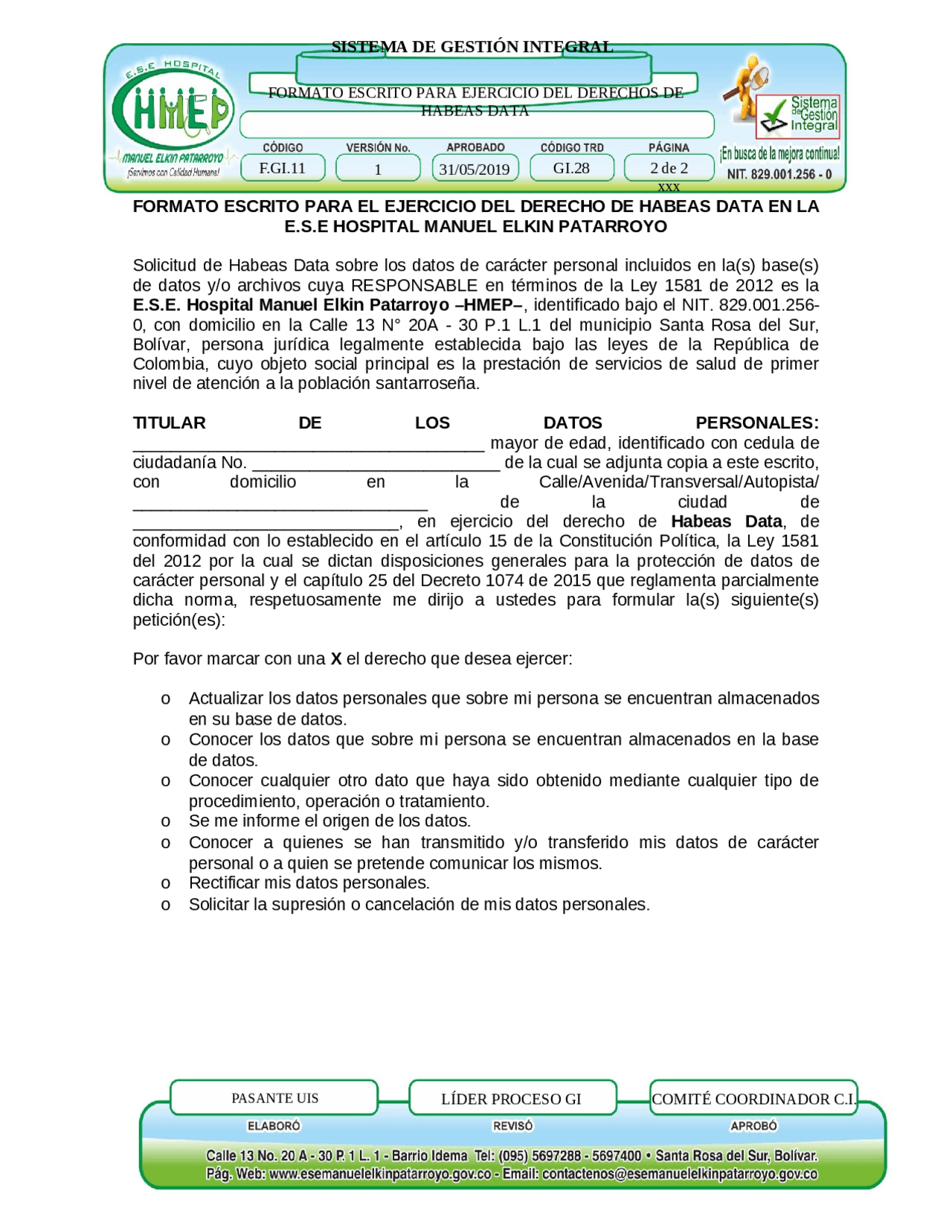 Habeas Data formato escrito para ejercicio - Docsity