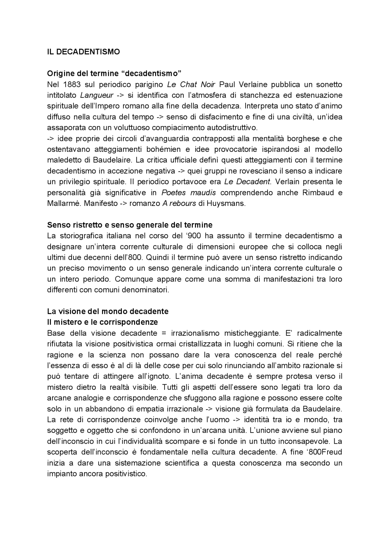 Riassunto Sul Decadentismo Il Piacere Dei Testi Docsity