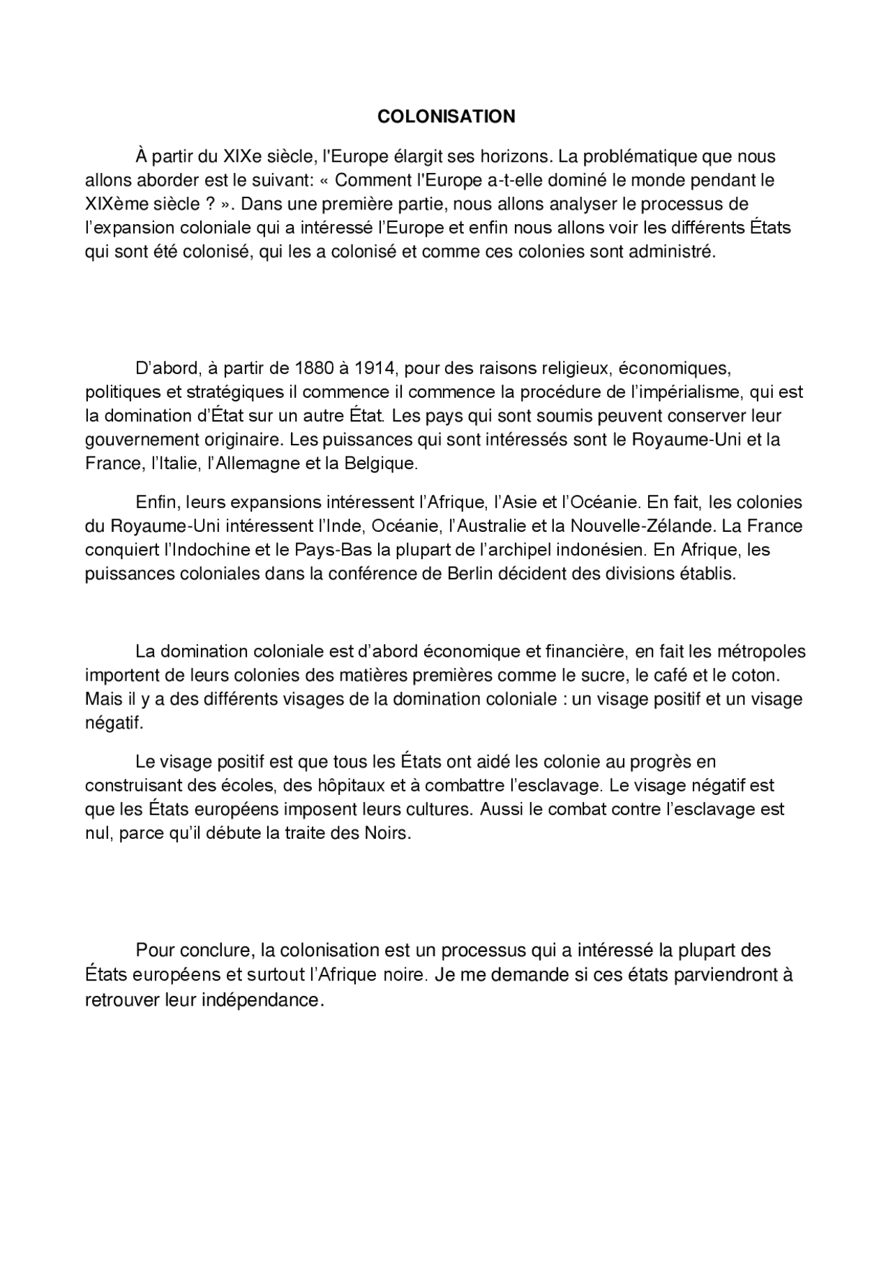 HISTOIRE - Colonisation - Docsity