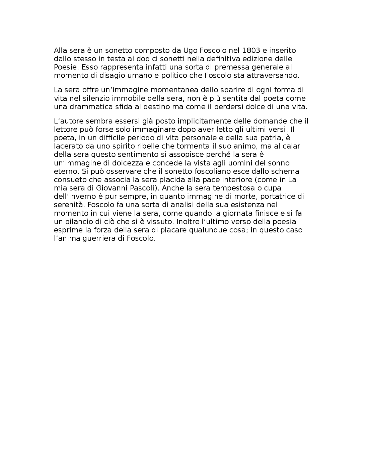 Analisi Poesia Alla Sera Foscolo Docsity