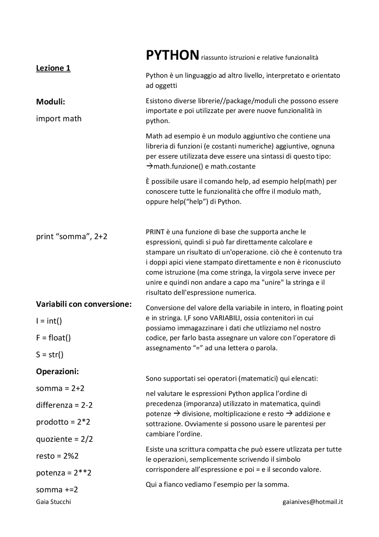 Schema funzioni principali Python (linguaggio) | Formulari di Elementi di Informatica | Docsity