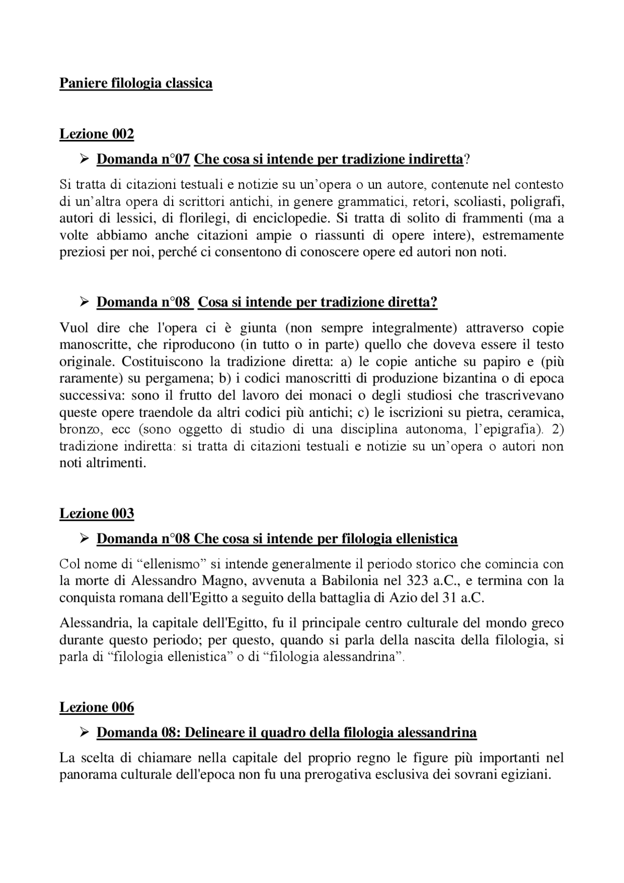 Paniere di Filologia Classica: domande aperte con risposte (parte 1) | eCampus | Docsity