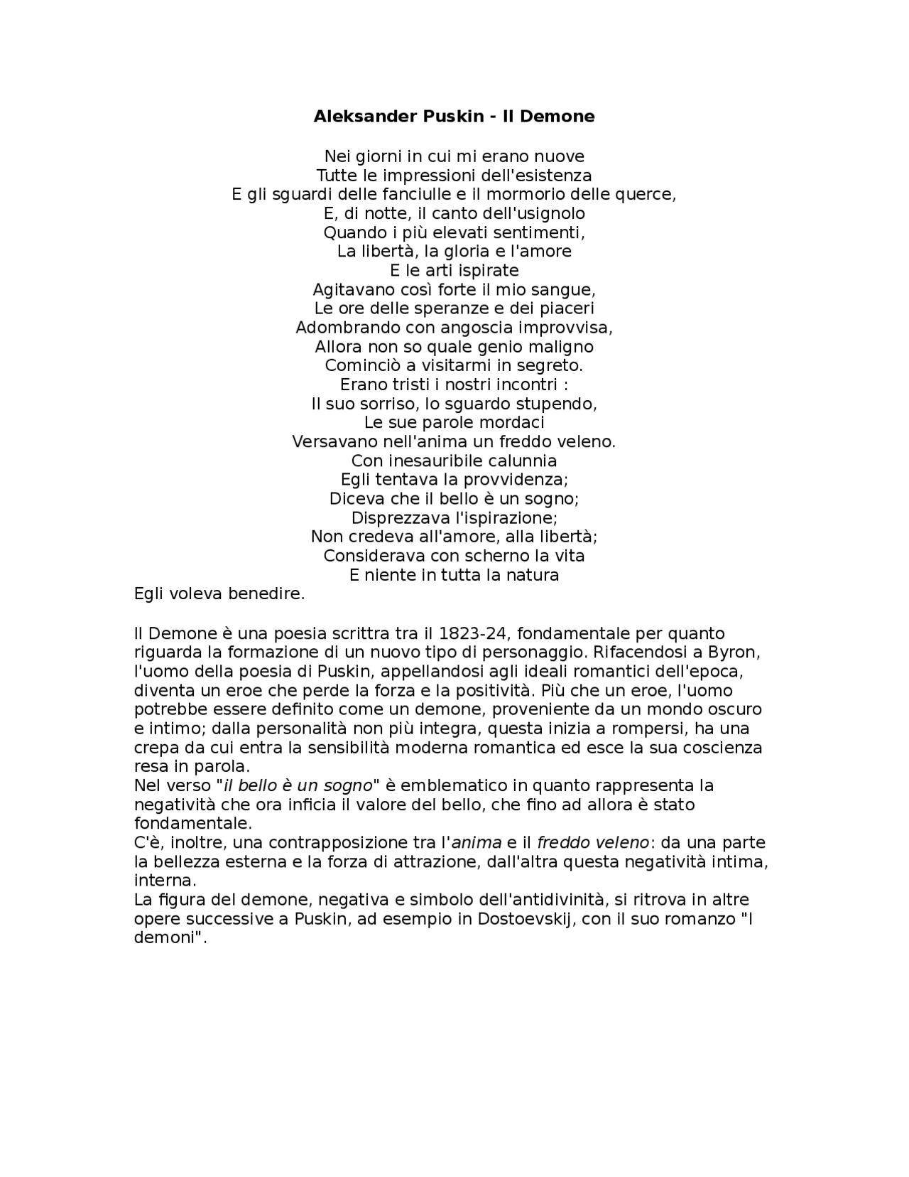 Pushkin Il Demone Lett Docsity
