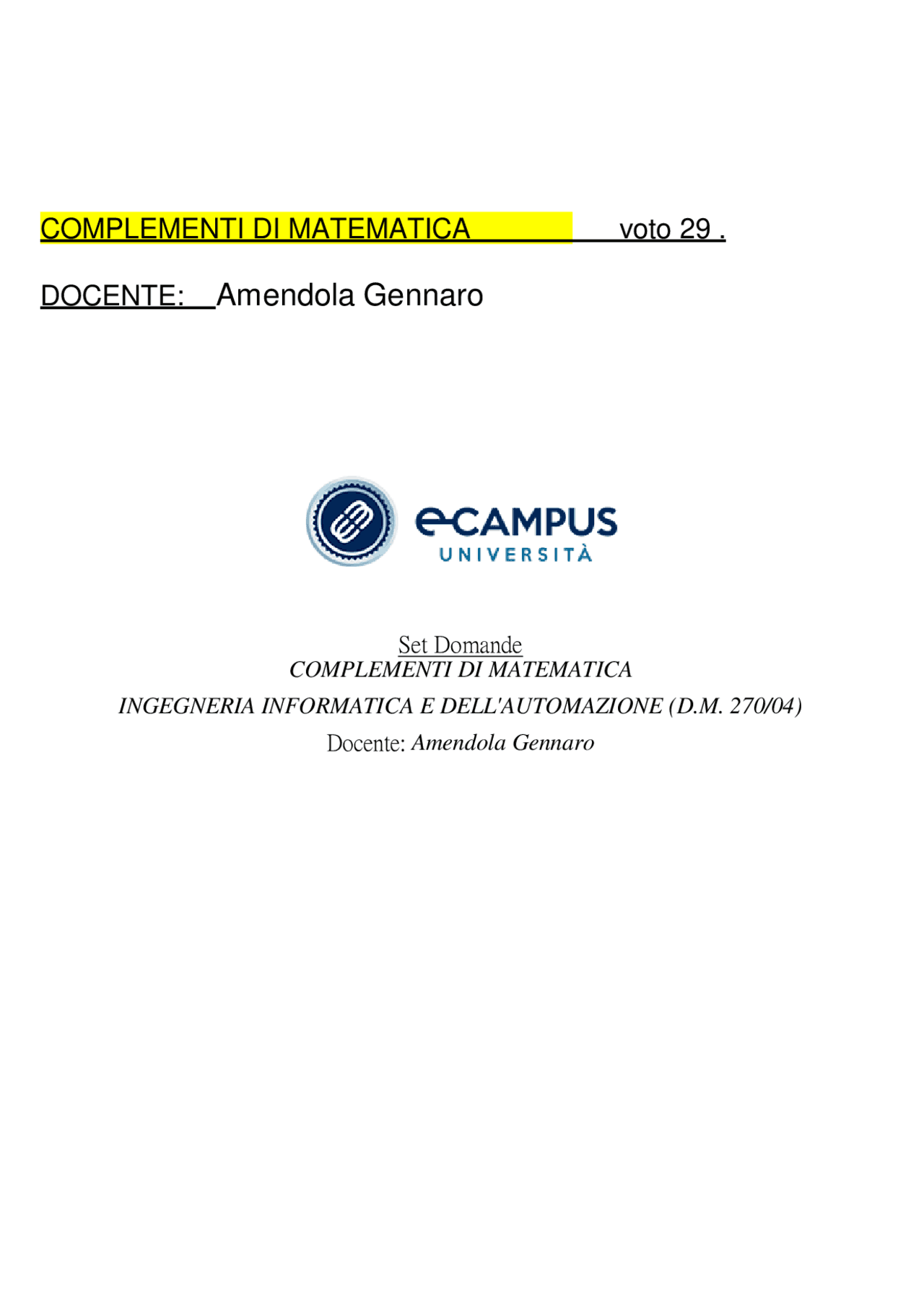Complementi Di Matematica Risposte Multiple Docsity