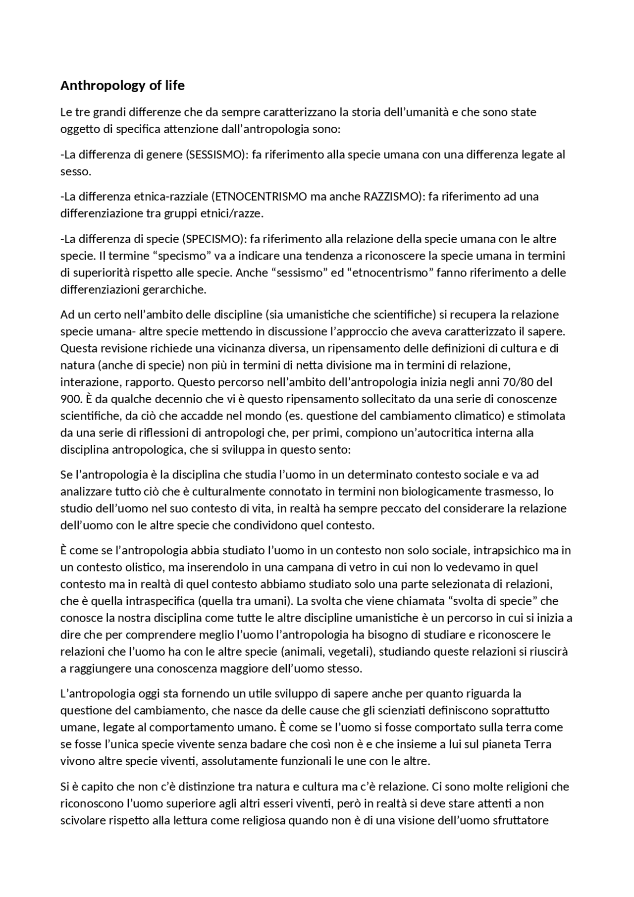 Riassunto Anthropology Of Life 1° Capitolo Docsity