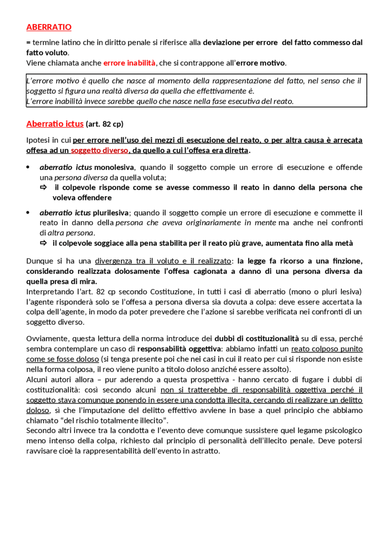 Aberratio ictus e aberratio delicti - Docsity