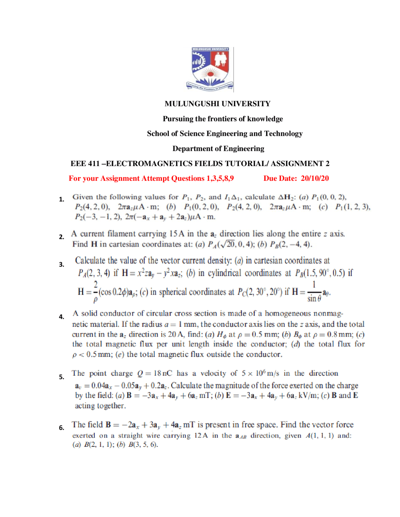 Electromagnetic Questions Docsity