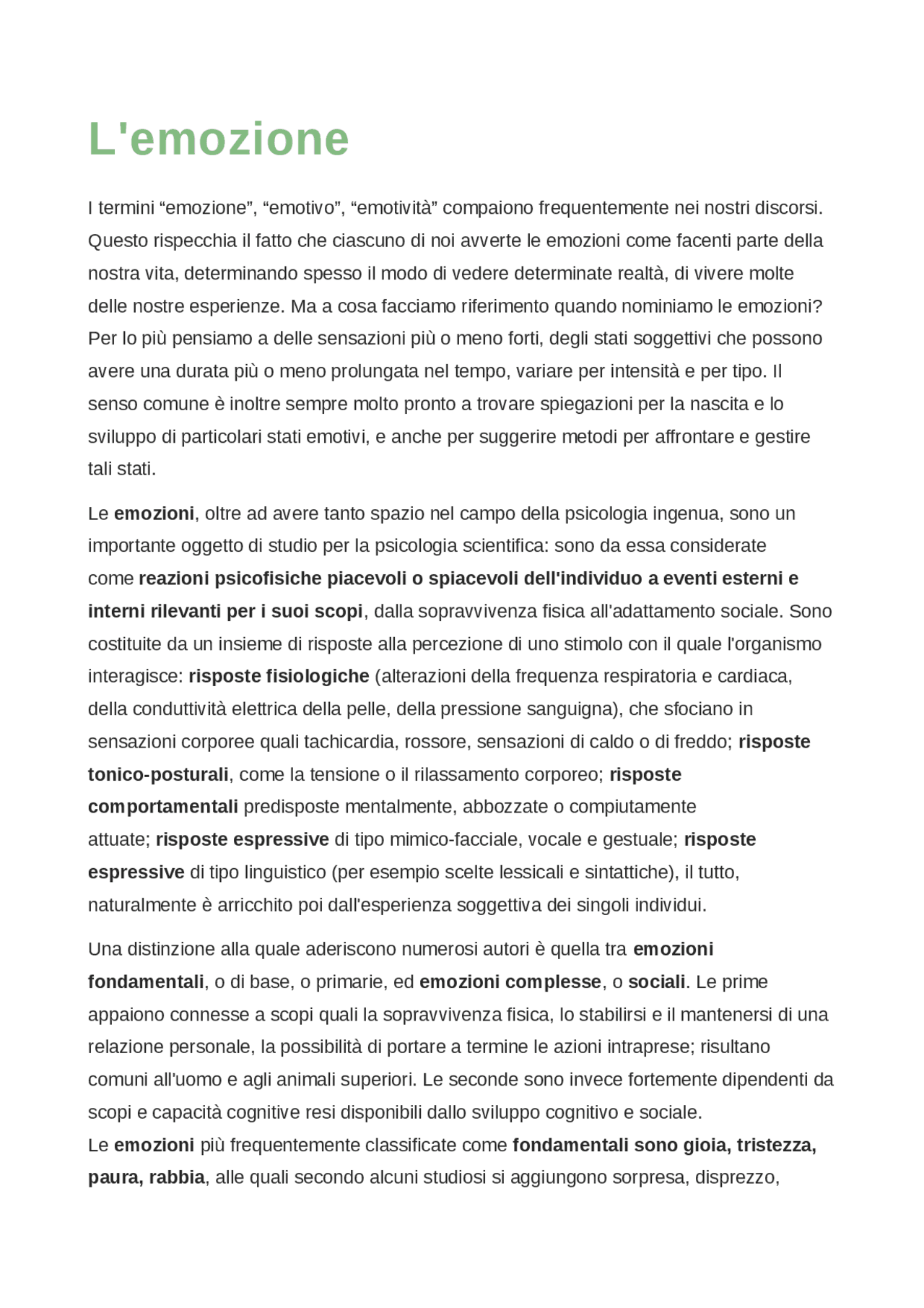 Teorie Sulle Emozioni Docsity