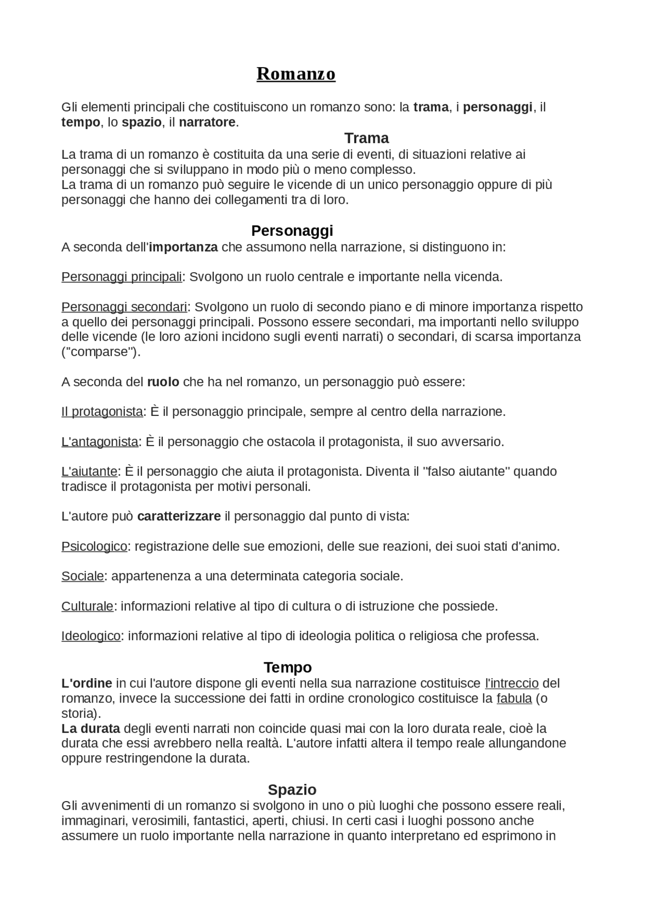 Romanzo Caratteristiche Docsity