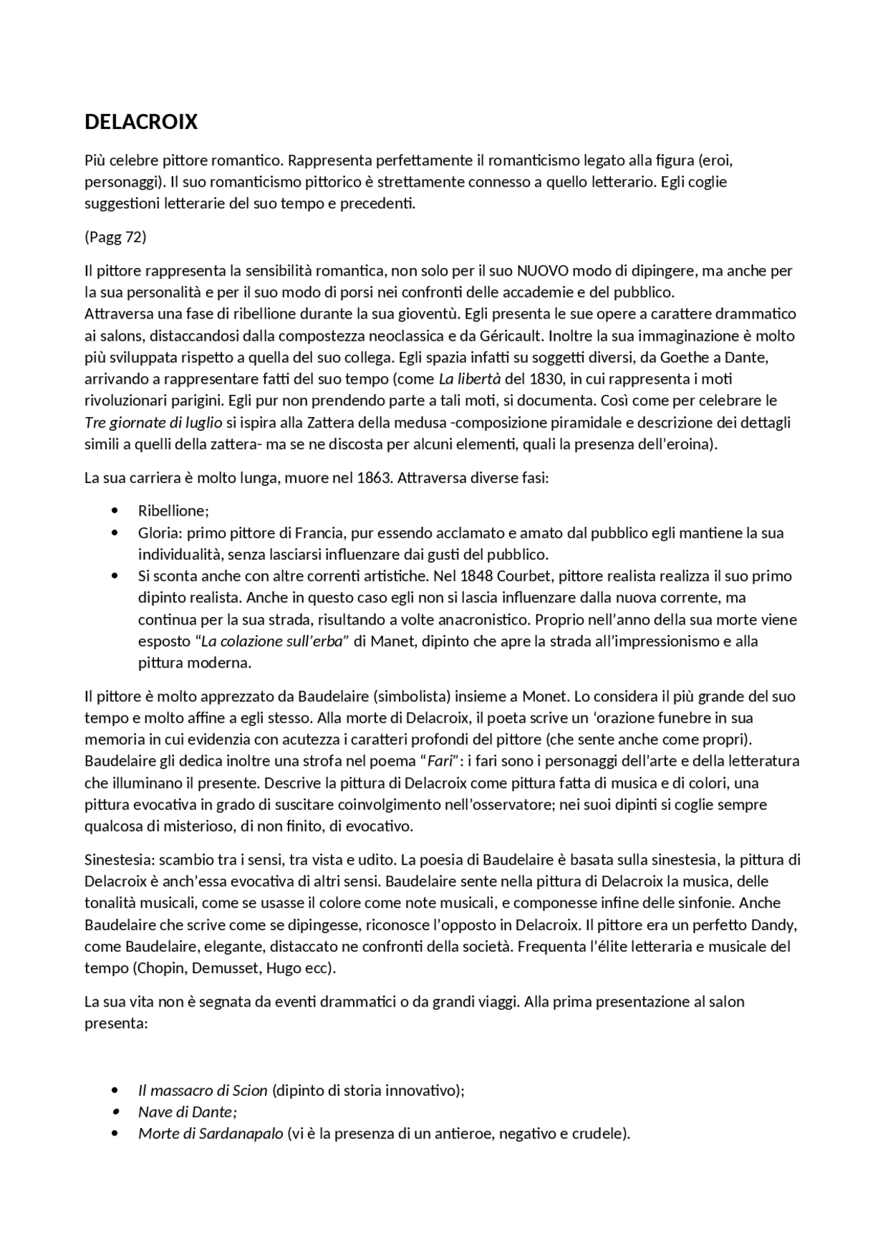 Delacoix Vita E Opere Principali Docsity