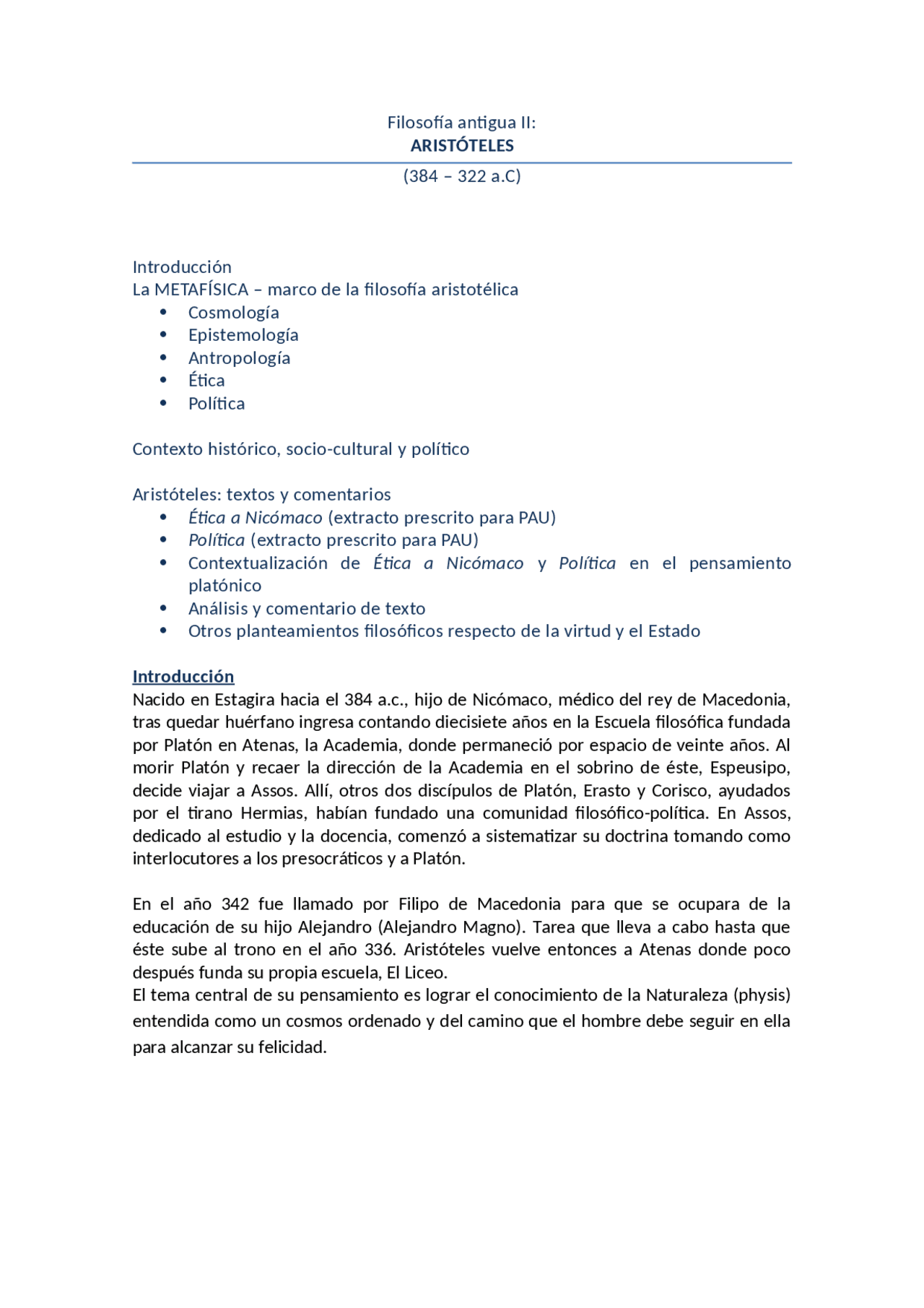 Apuntes De Aristoteles 2 Bachillerato Docsity