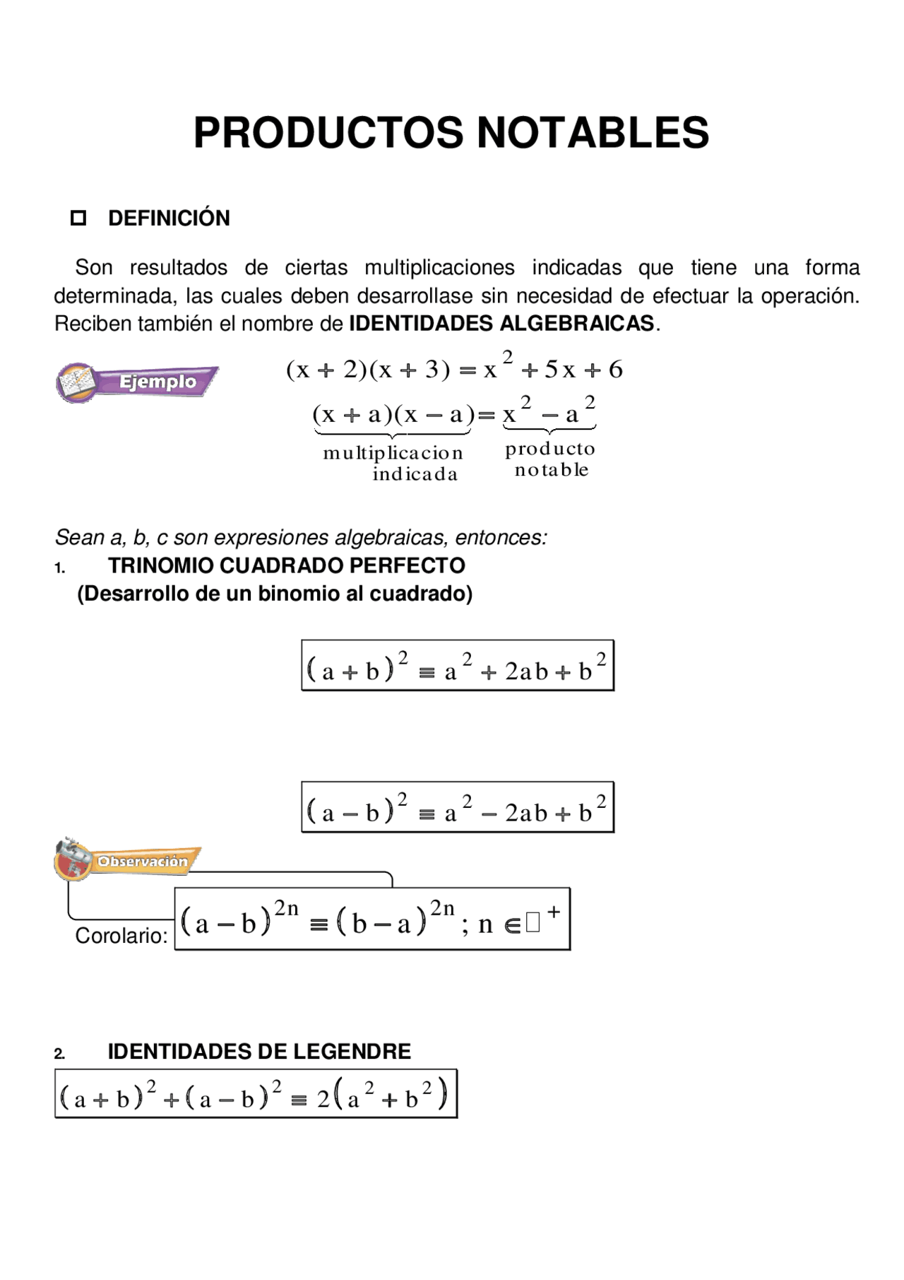 Productos Notables Ejercicios Docsity