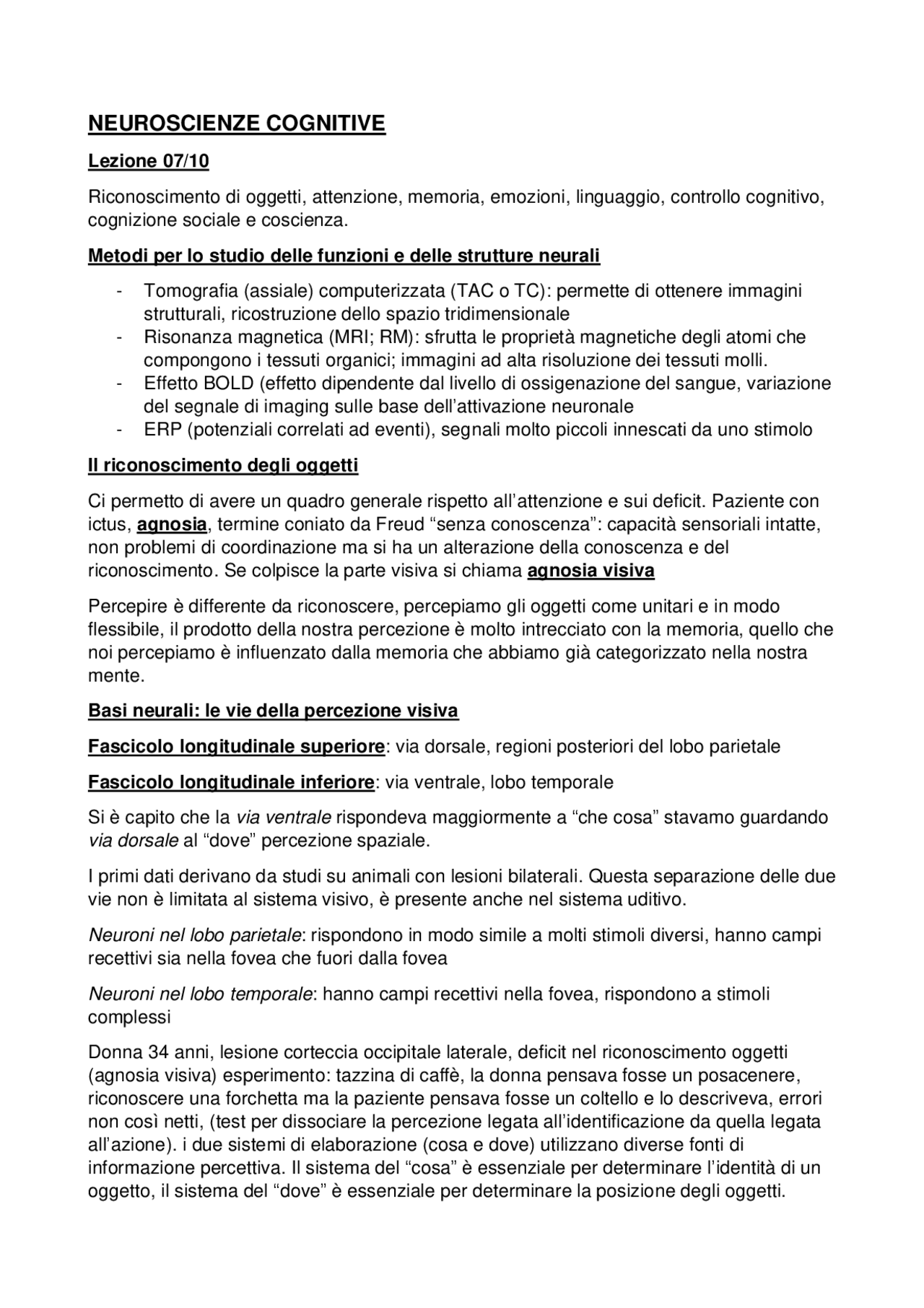Lezione Di Neuroscienze Cognitive Docsity