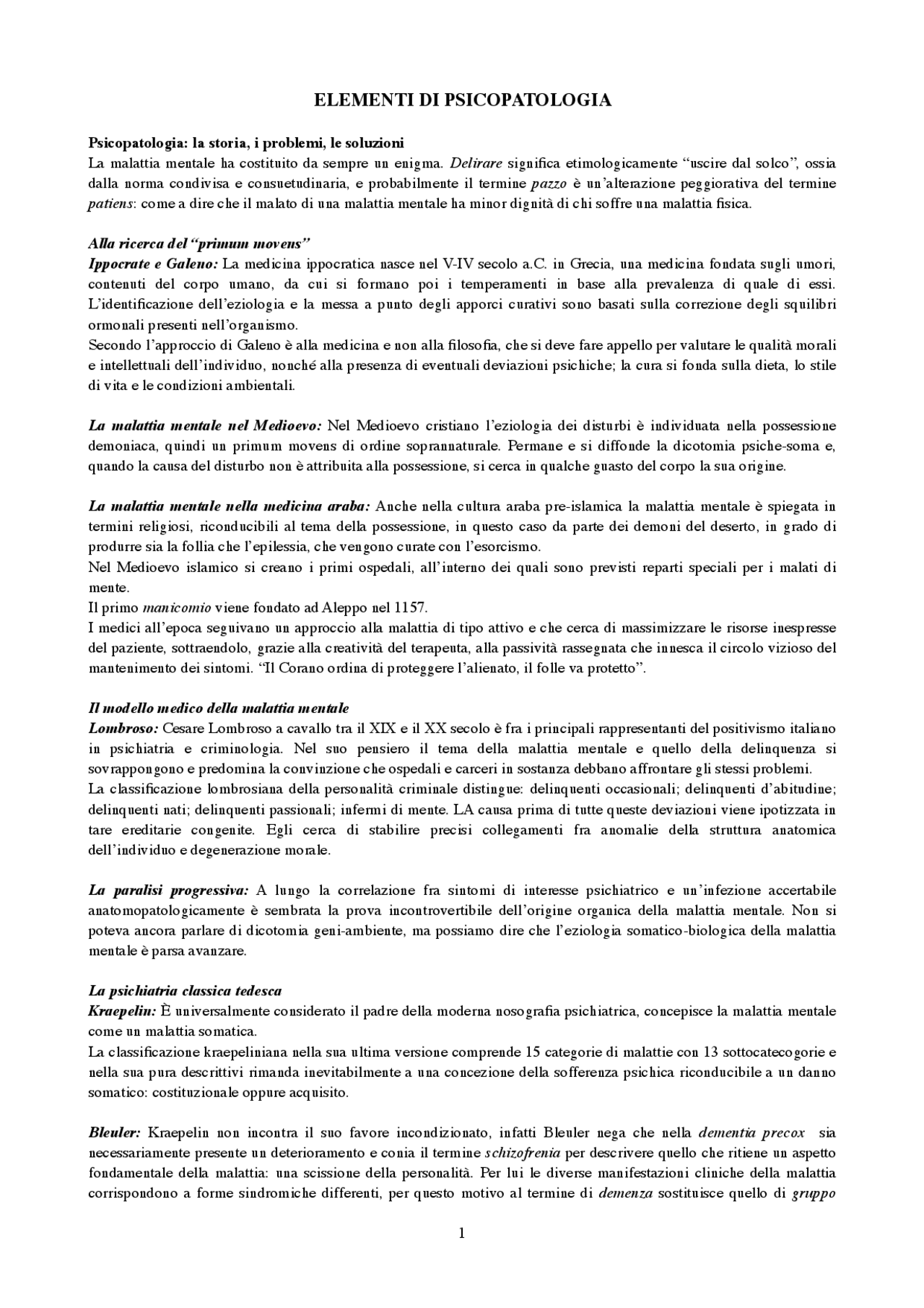 Materiale Esame Di Elementi Di Psicopatologia Docsity