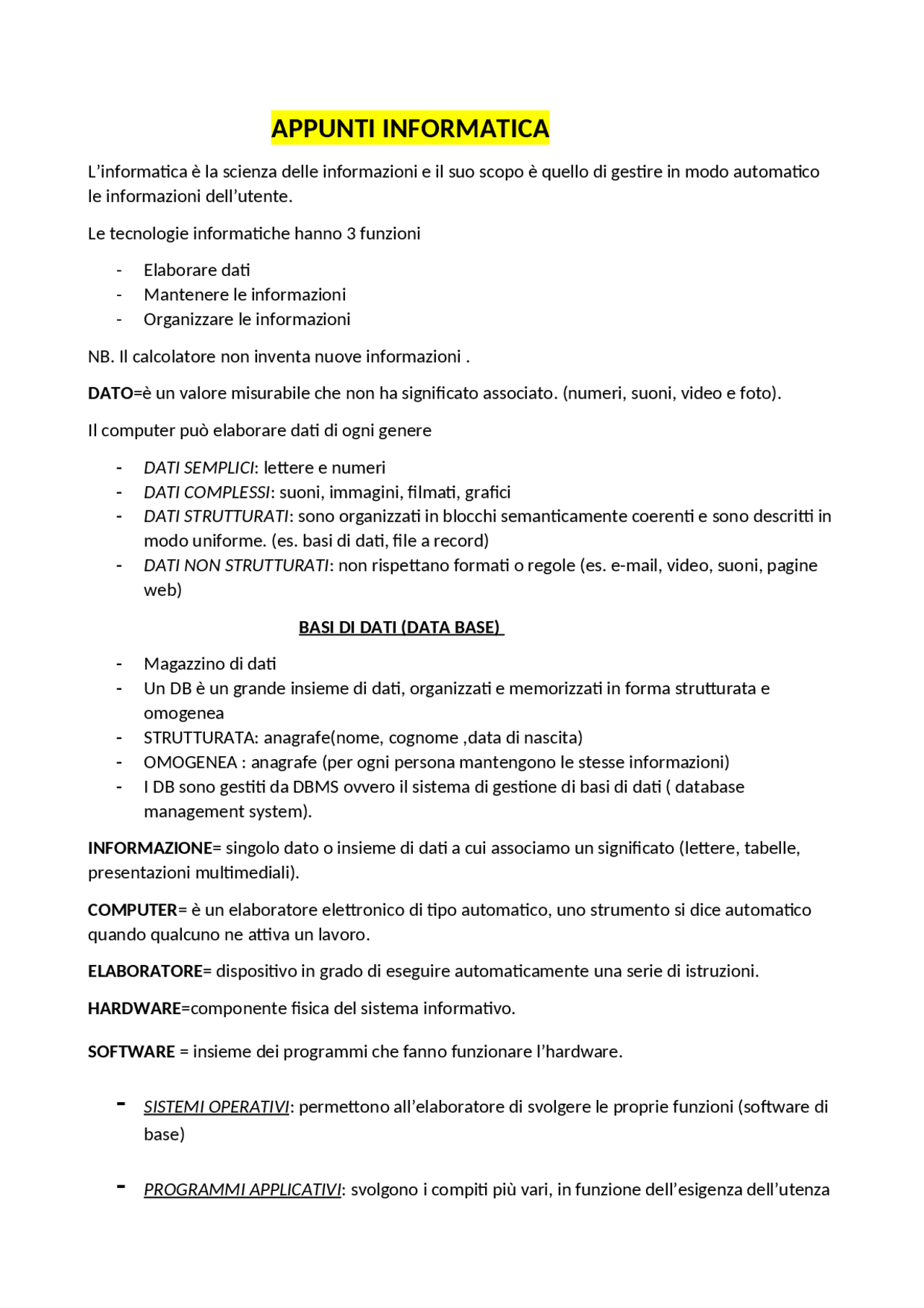 Riassunti Corso Informatica Docsity