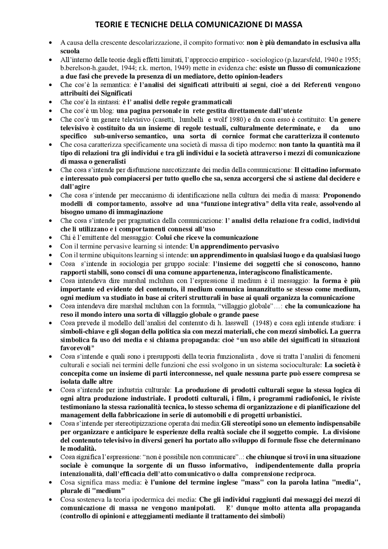 Teorie E Tecniche Della Comunicazione Di Massa Docsity