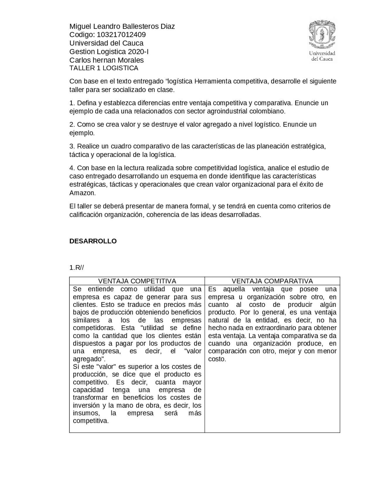 Taller Logistica introduccion a la gestión logistica - Docsity