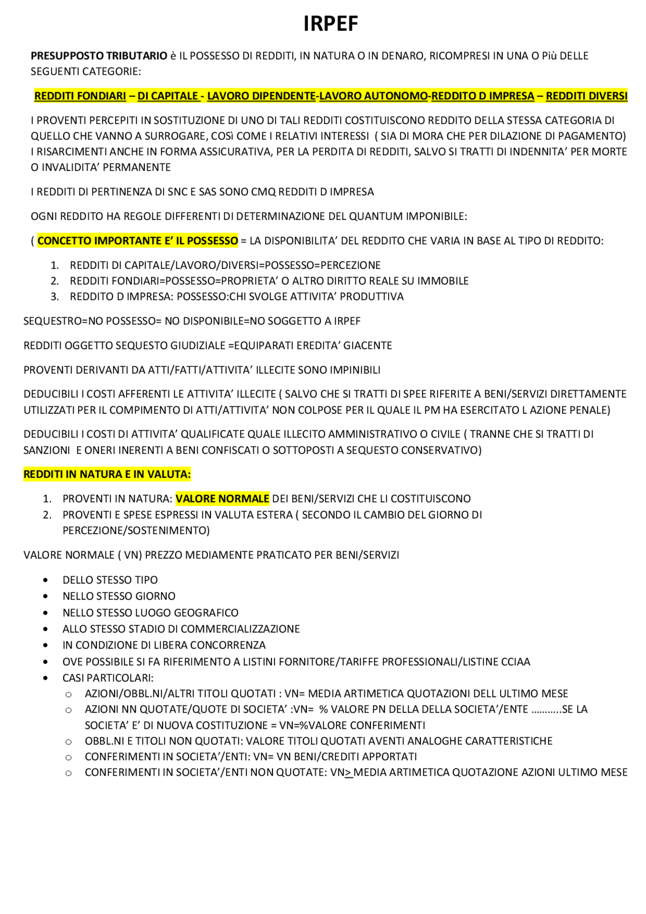 Irpef Tipologie Di Reddito Appunti Di Diritto Tributario Docsity