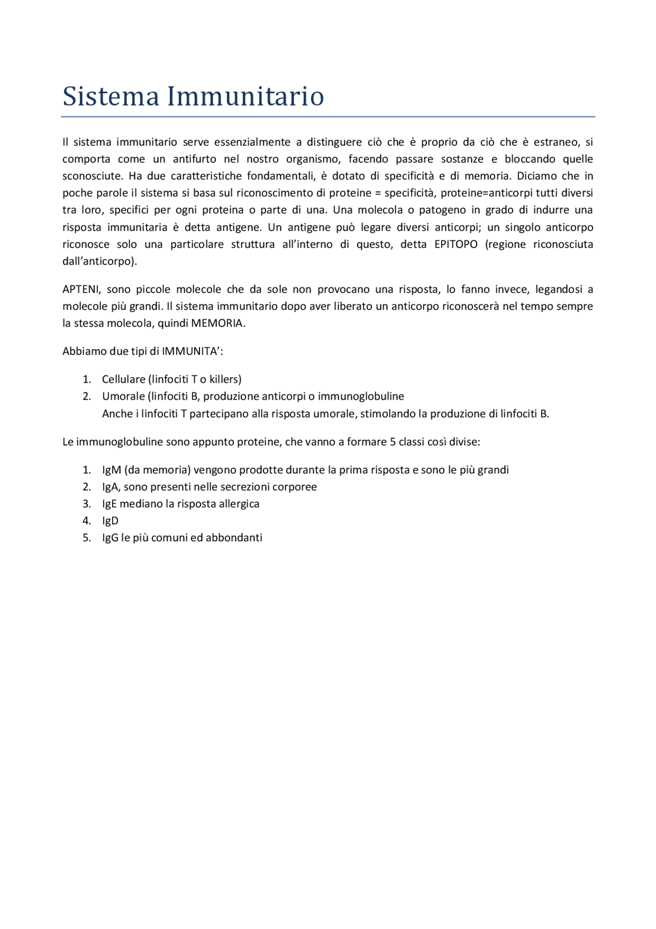 Sintesi Sistema Immunitario Docsity