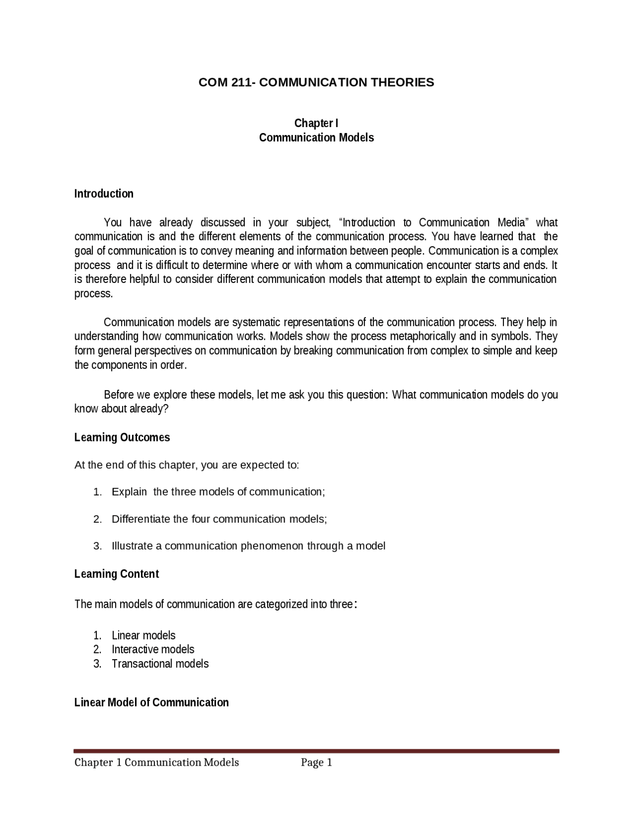 Communication Models Docsity