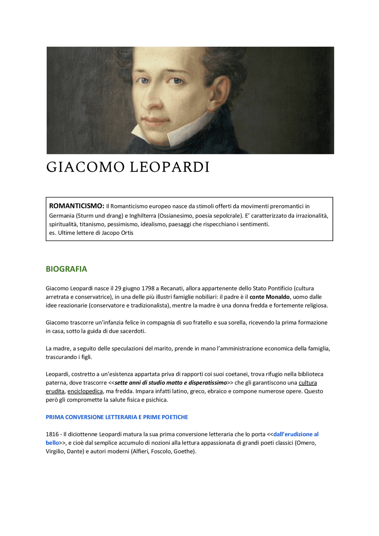 Giacomo Leopardi: biografia e pensiero filosofico - Docsity