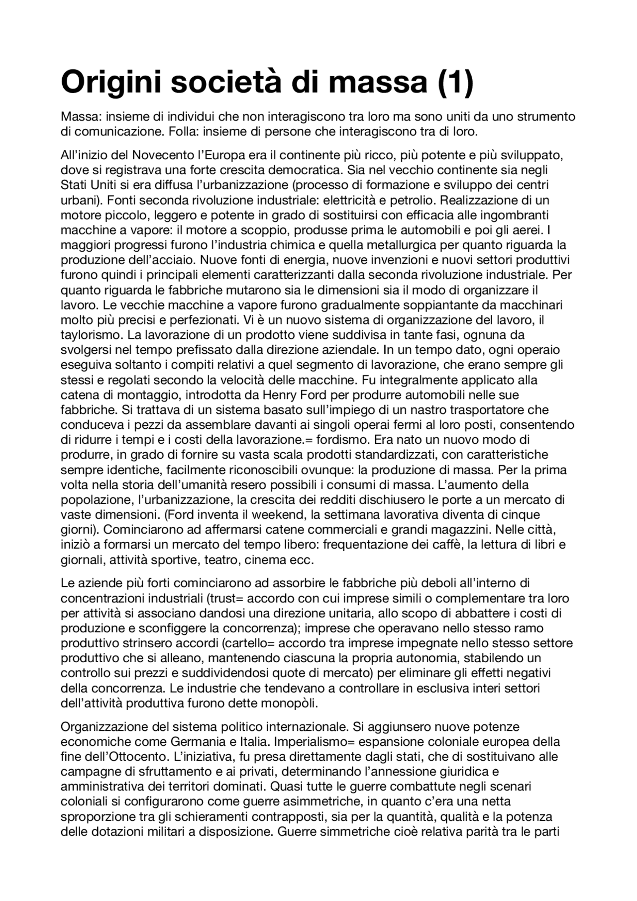 Le Origini Della Società Di Massa Docsity