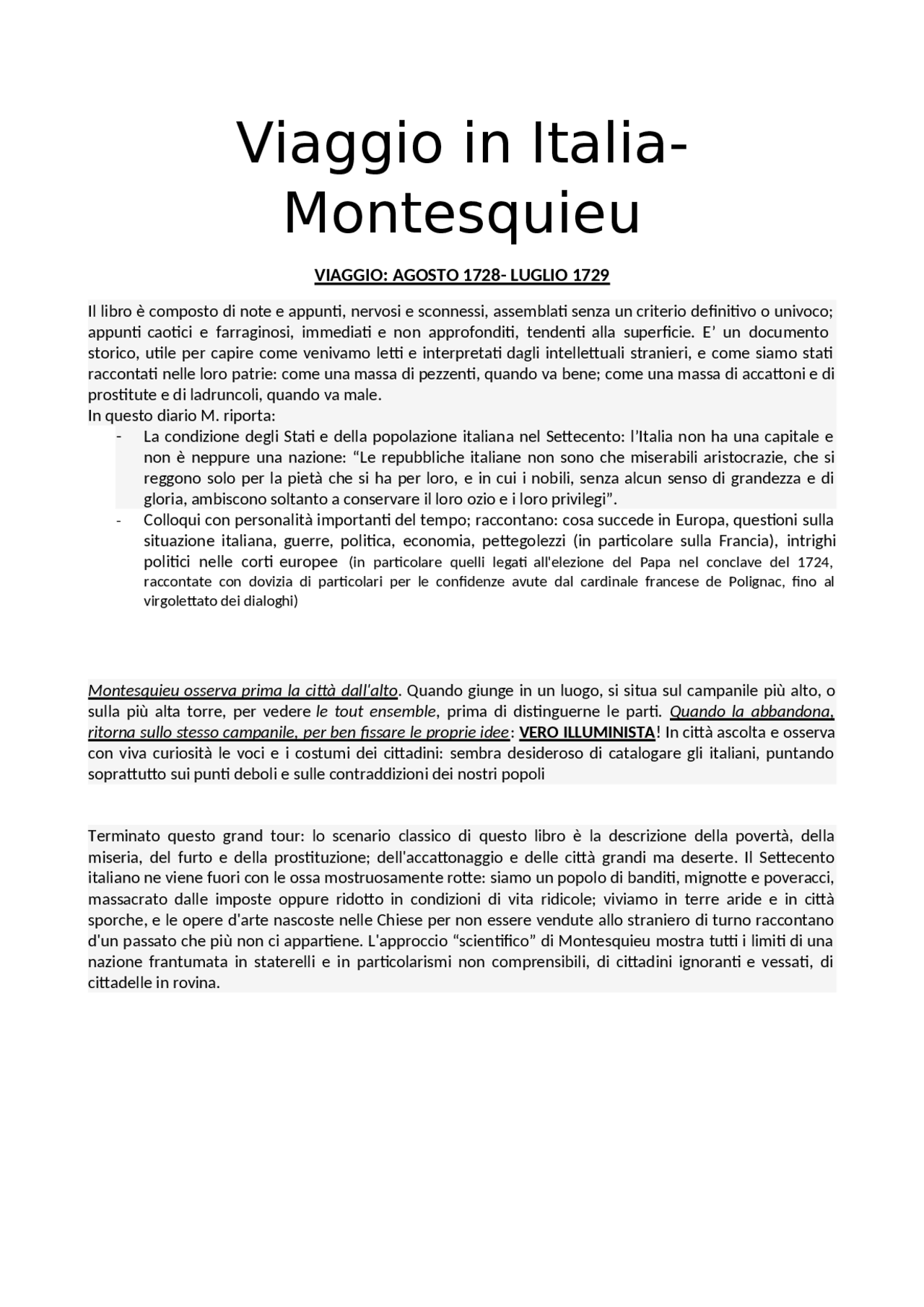 Viaggio in Italia, Montesquieu - Docsity