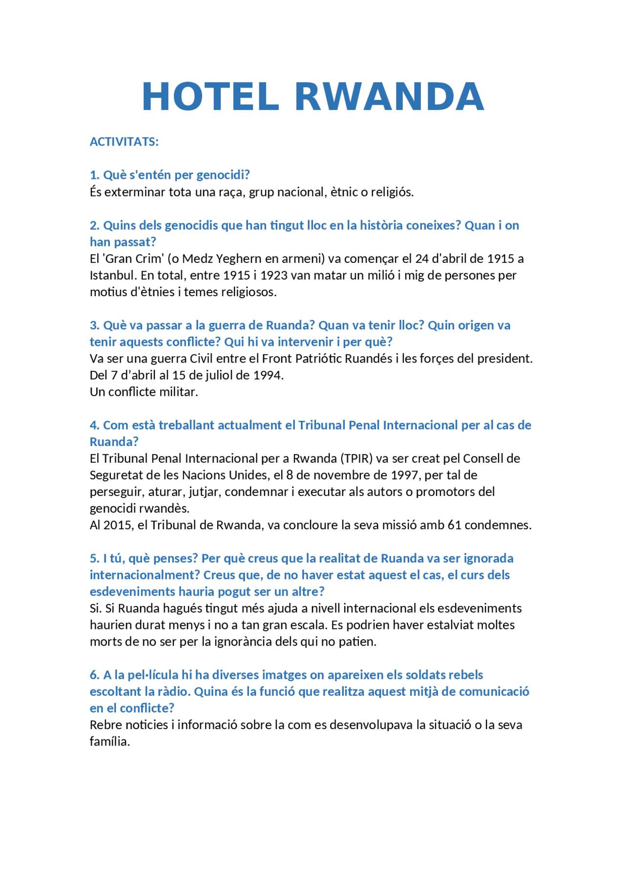 Hotel Rwanda preguntas pelicula - Docsity