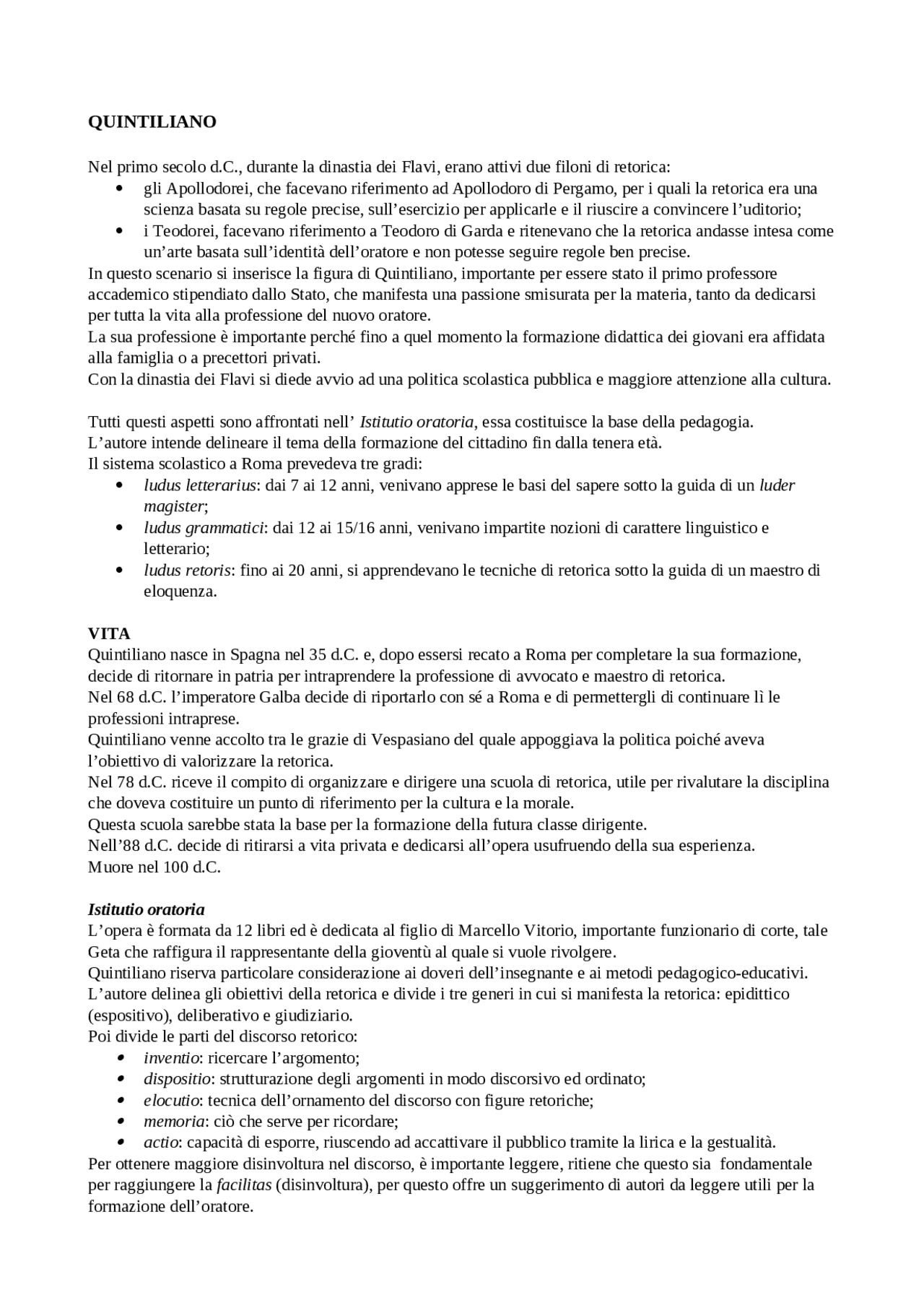 Quintiliano Vita E Opere Docsity