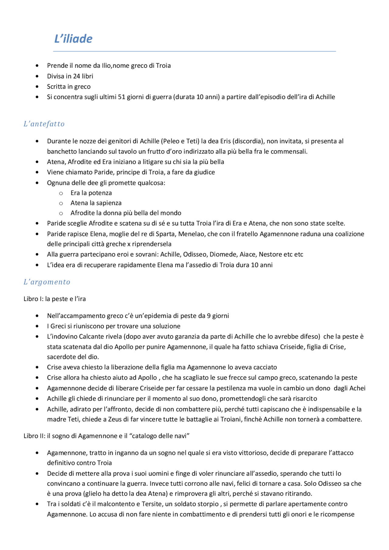 Riassunto Iliade suddiviso in libri - Docsity