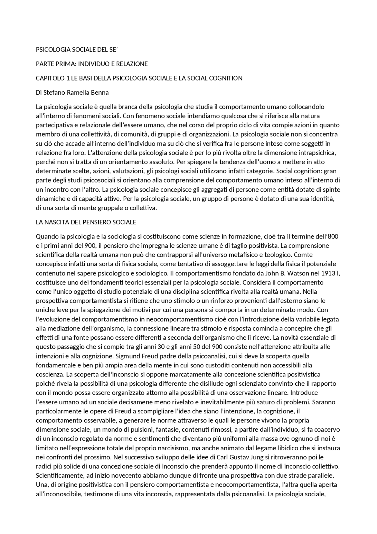 Riassunto Manuale Psicologia Sociale Del Sè Docsity